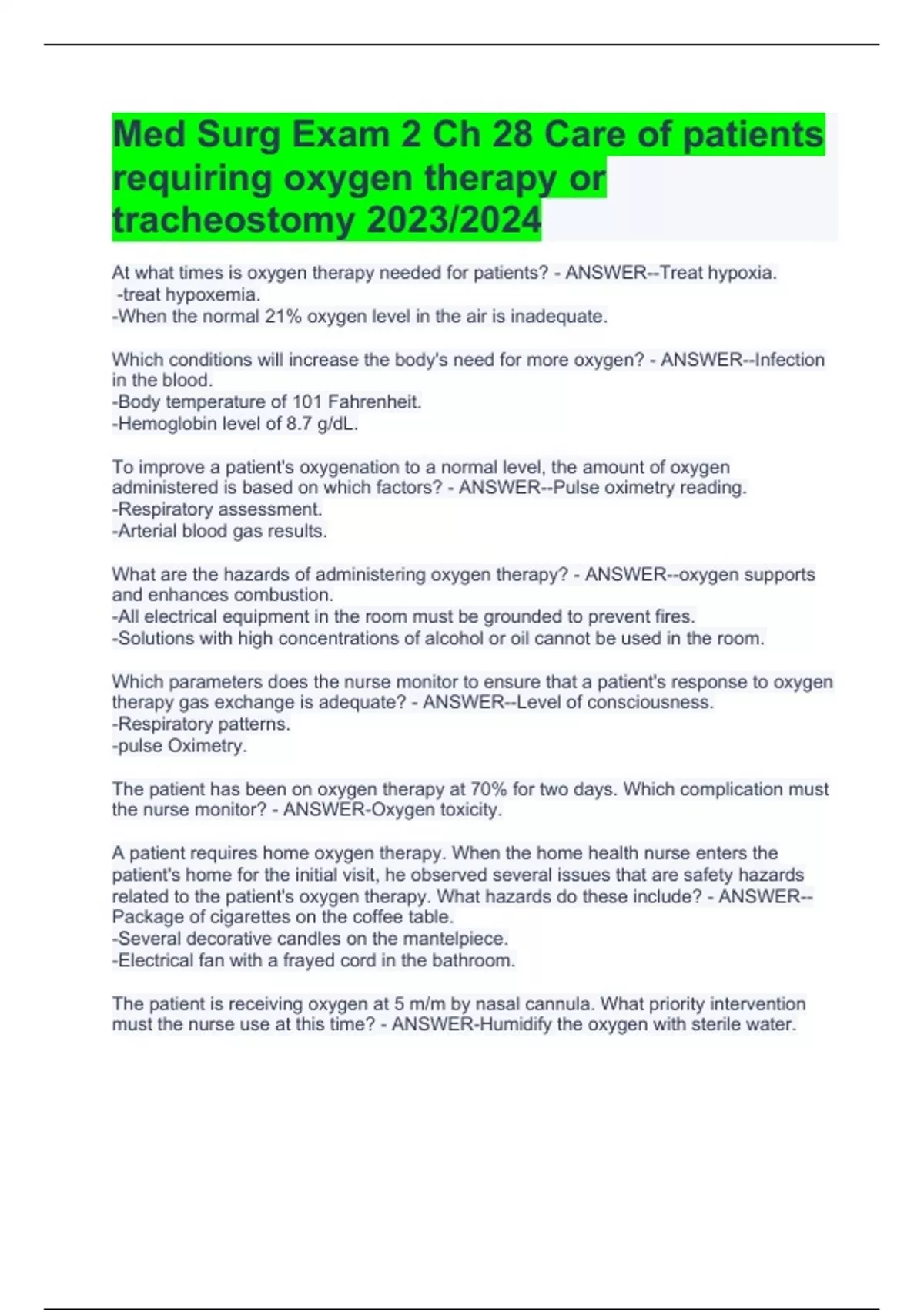 Med Surg Exam 2 Ch 28 Care of patients requiring oxygen therapy or ...