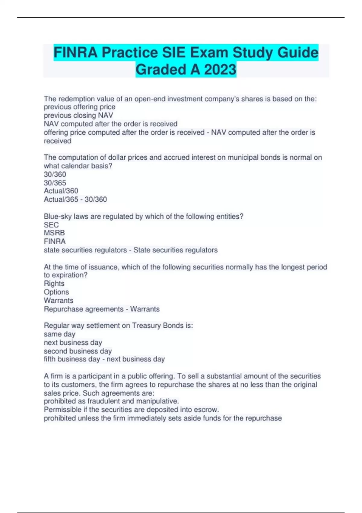 FINRA Practice SIE Exam Study Guide Graded A - FINRA SIE - Stuvia US