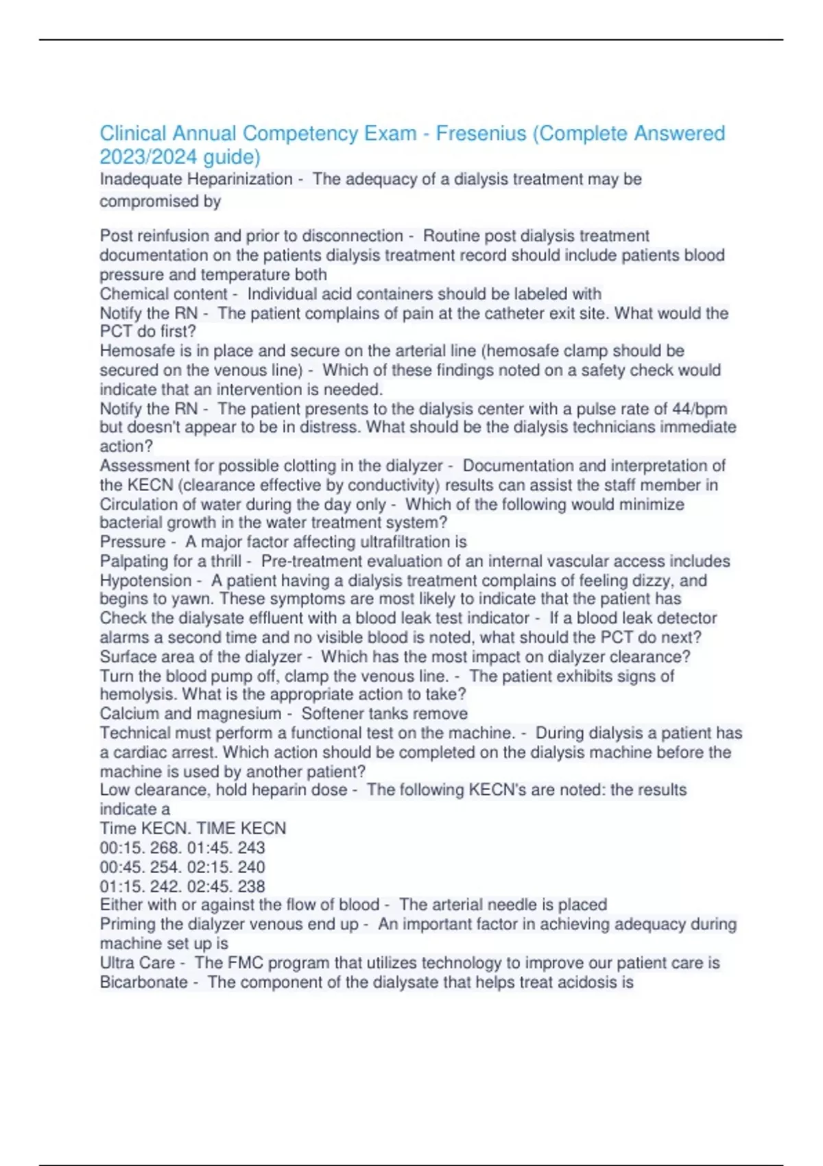 Clinical Annual Competency Exam - Fresenius (Complete Answered 2023/ ...