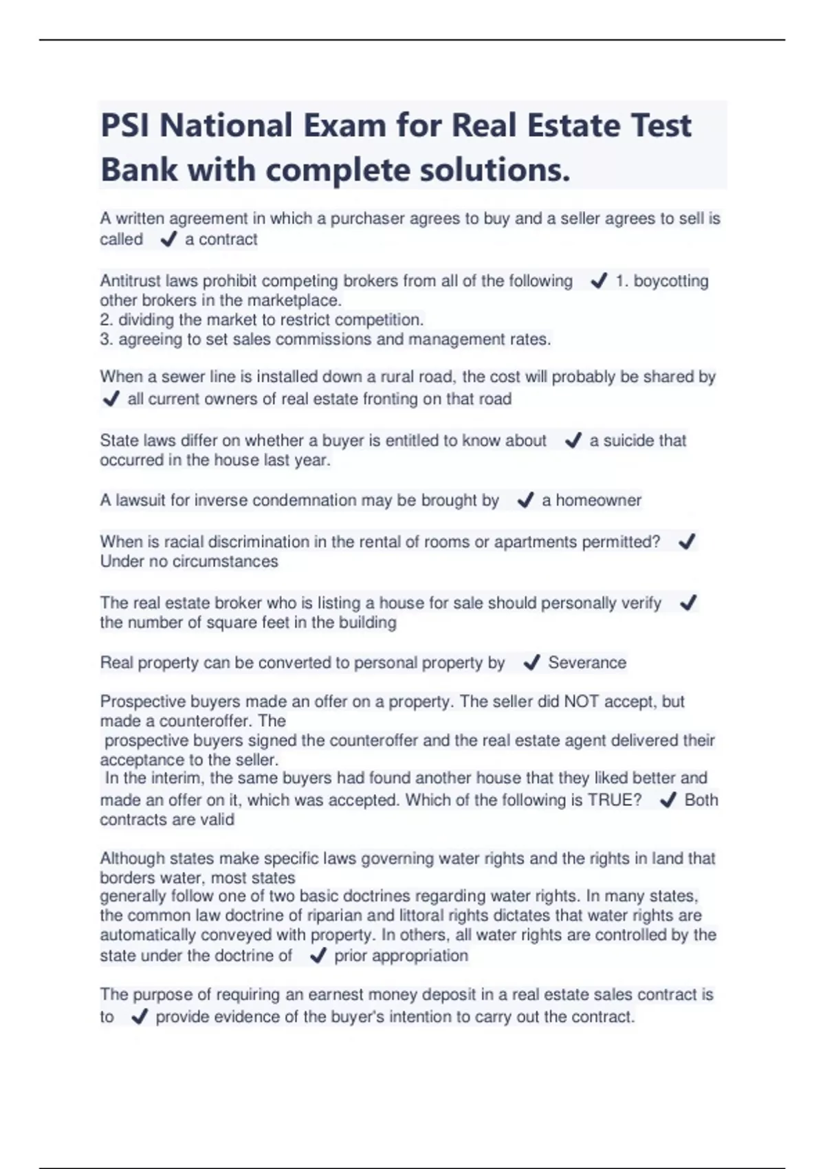 PSI National Exam for Real Estate Test Bank with complete solutions ...