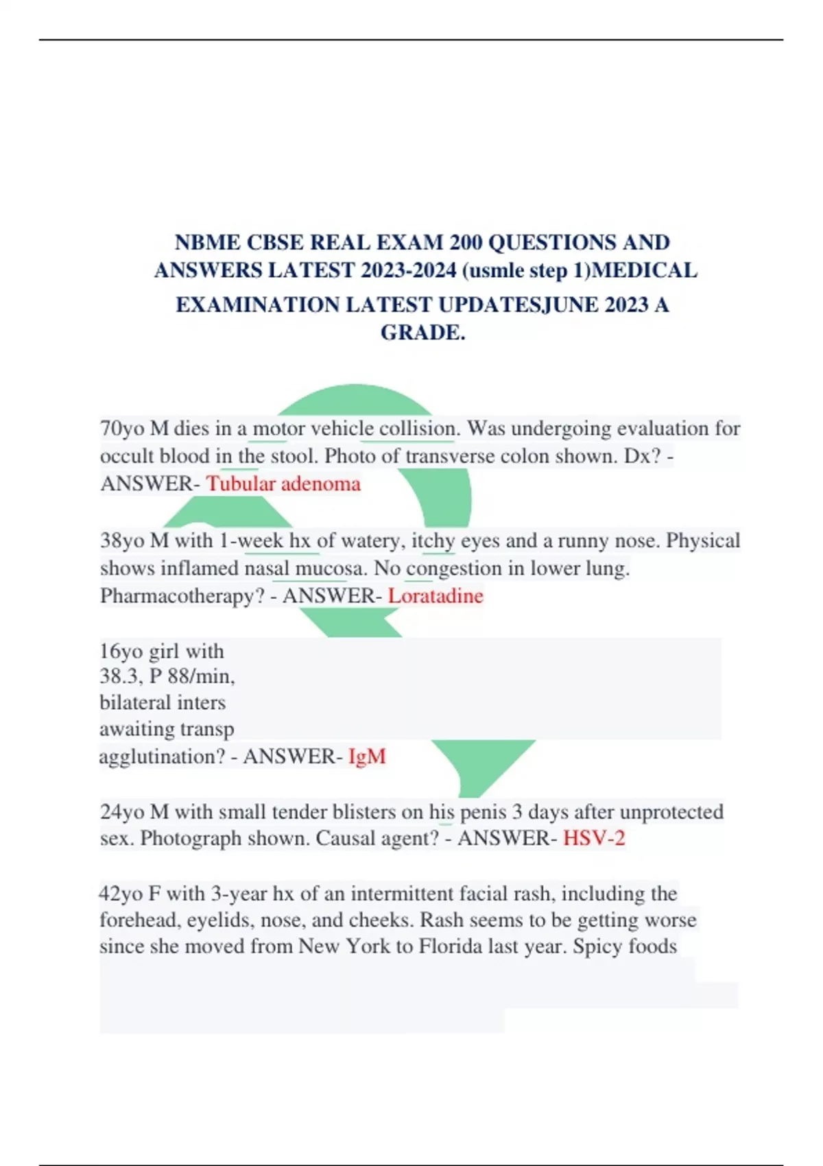 NBME CBSE REAL EXAM 200 QUESTIONS AND ANSWERS LATEST (usmle step 1 ...