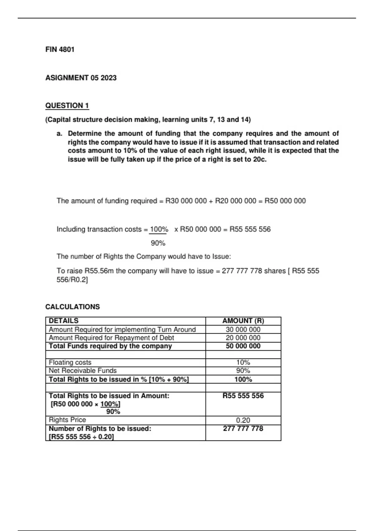 Fin4801 Assignment 5 2023 - Financial Management (FIN4801) - Stuvia SA