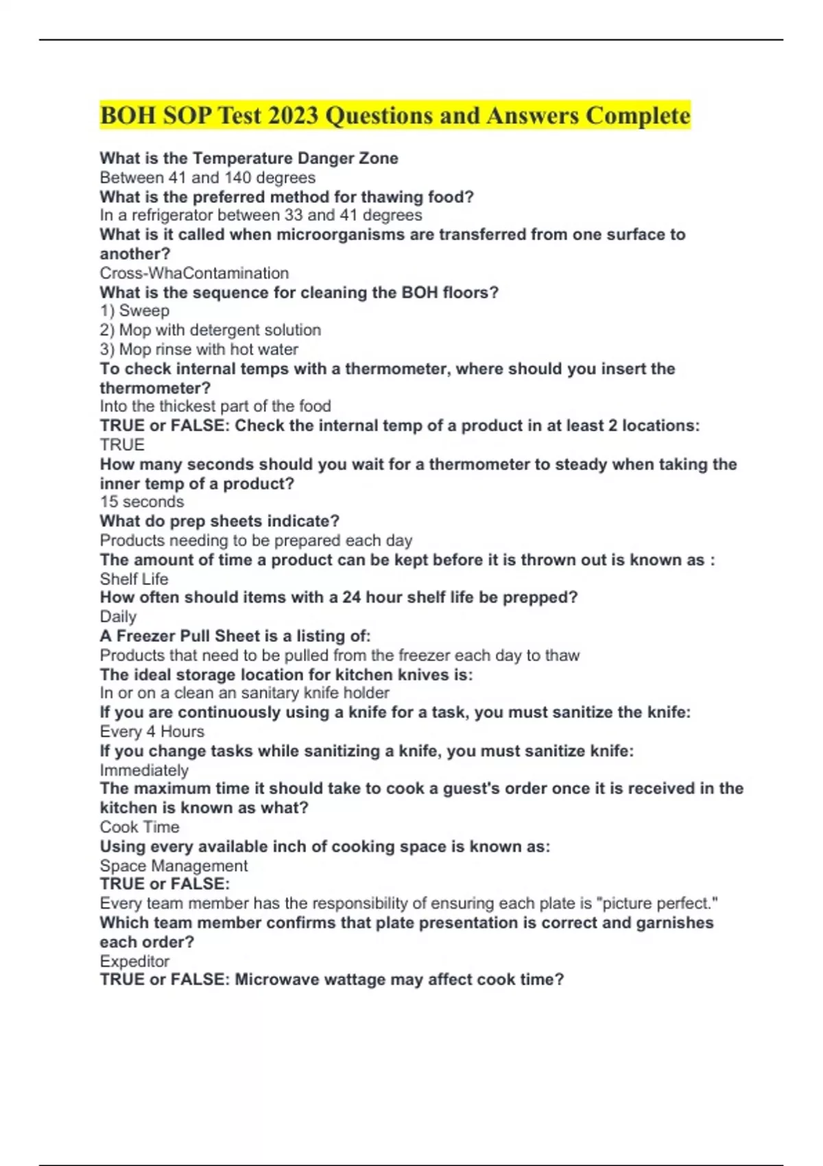 BOH SOP Test 2023 Questions and Answers Complete - BOH SOP - Stuvia US