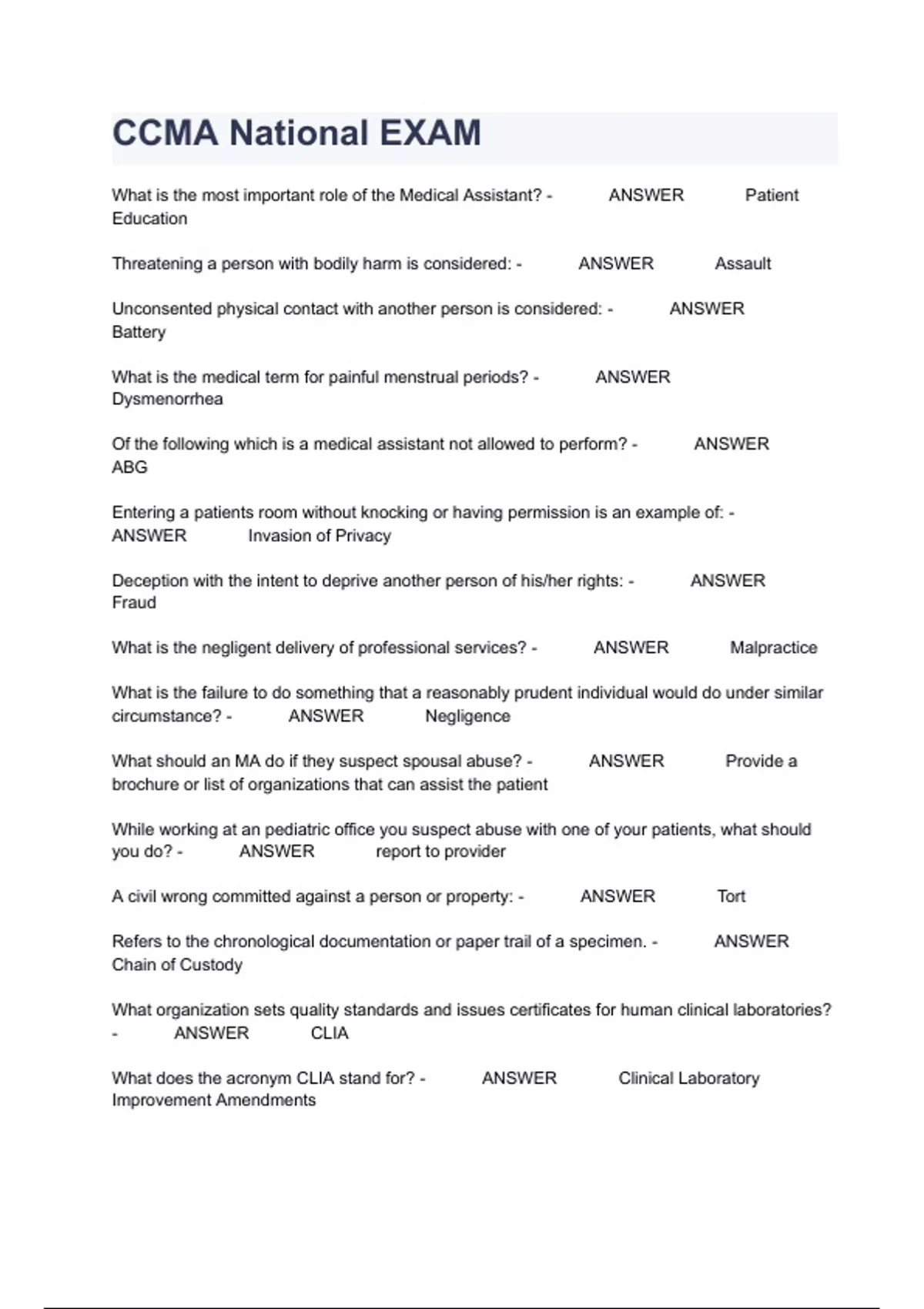 CCMA National EXAM WITH MOST CORRECT ANSWERS 2023/2024 - CCMA National ...