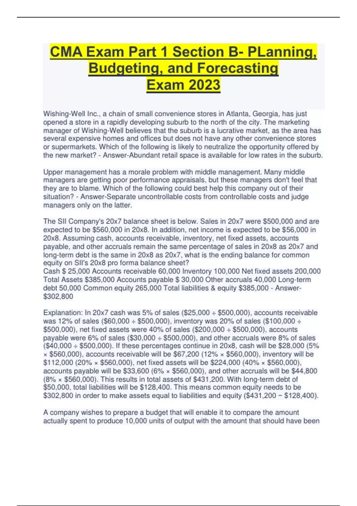 CMA Exam Part 1 Section B- PLanning, Budgeting, and Forecasting Exam ...