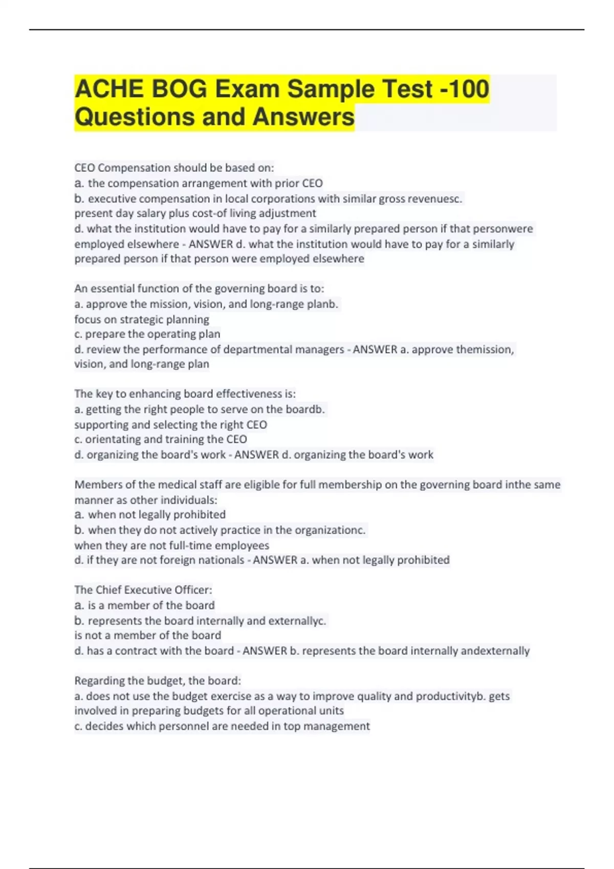 ACHE BOG Exam Sample Test -100 Questions and Answers RATED A+ 2023|2024 ...