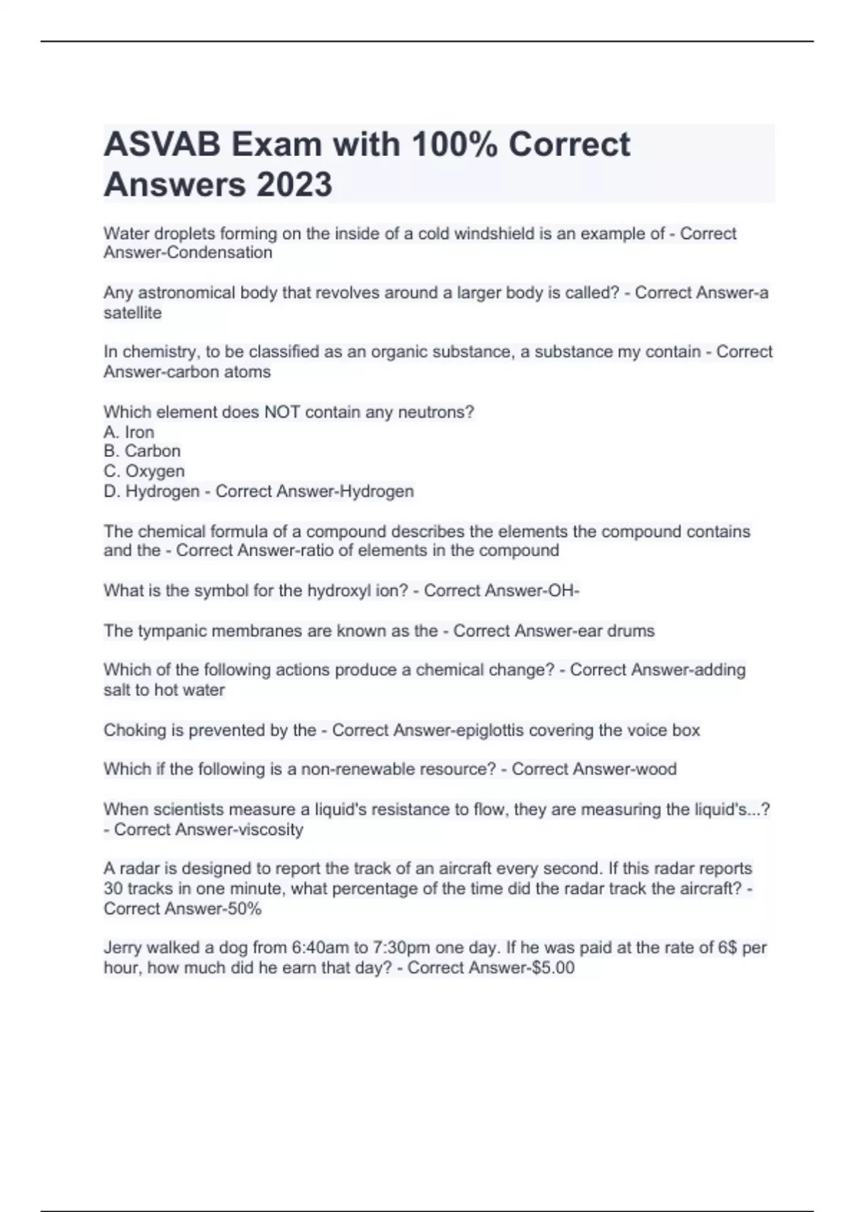 ASVAB Exam with 100% Correct Answers 2023|2024 LATEST UPDATE RATED A+ ...