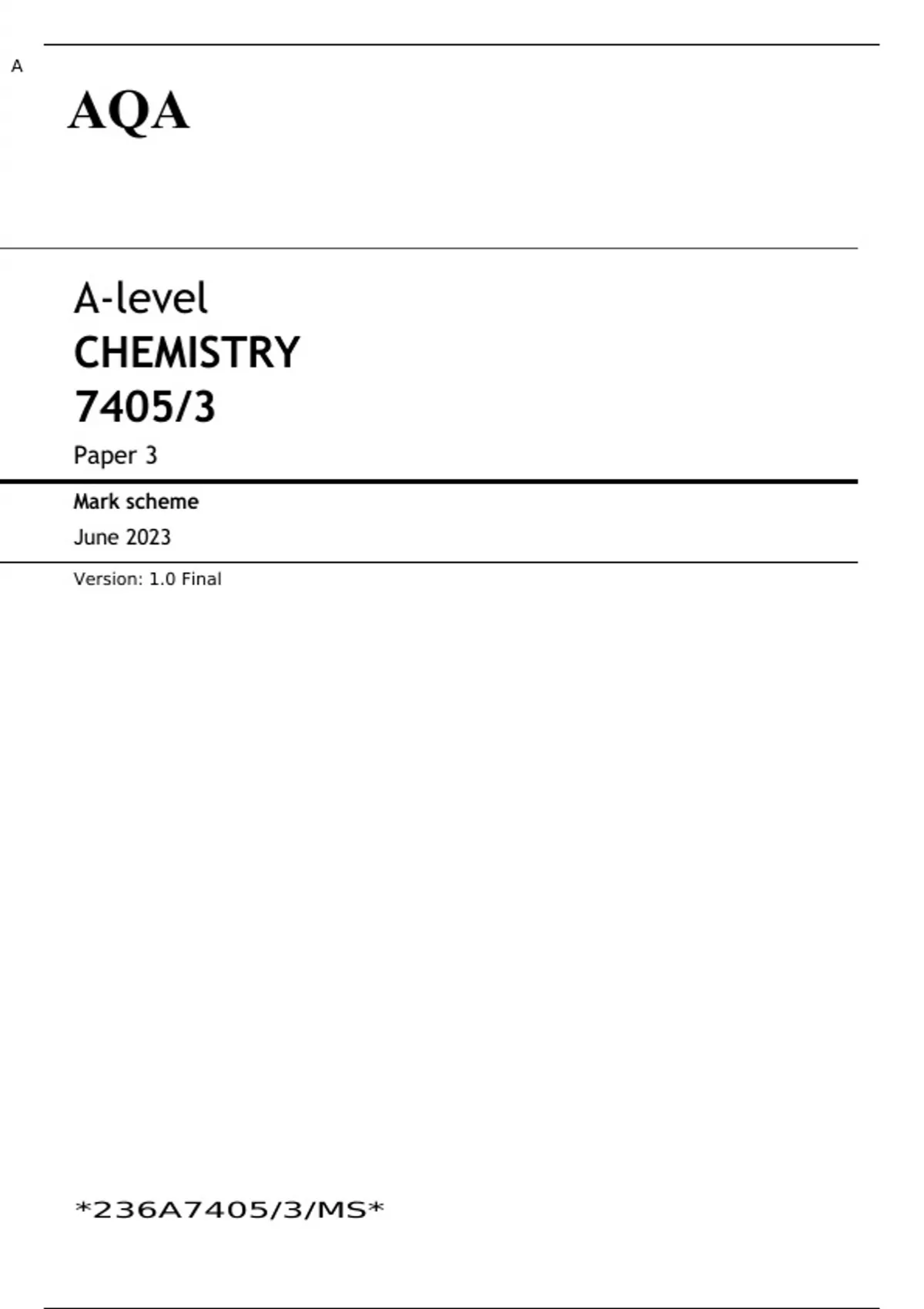 AQA A-level CHEMISTRY Paper 3 JUNE 2023 QUESTION PAPER AND MARK SCHEME ...