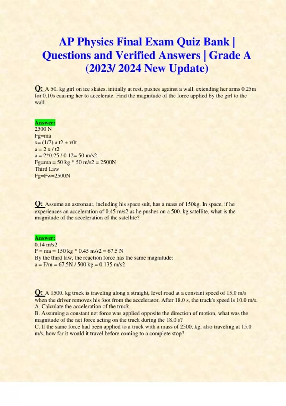 AP Physics Final Exam Quiz Bank | Questions and Verified Answers | Grade A (2023/ 2024 New ...