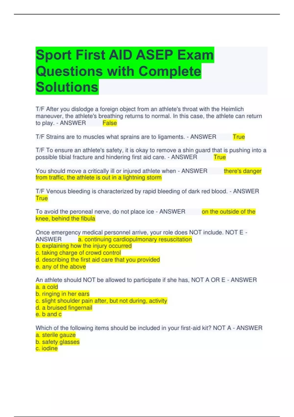 Sport First AID ASEP Exam Questions with Complete Solutions - Sport First AID ASEP - Stuvia US