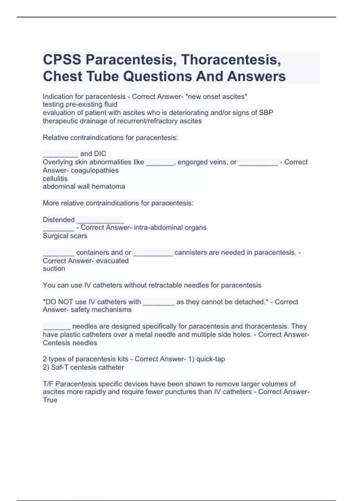 CPSS Paracentesis, Thoracentesis, Chest Tube Questions And Answers ...