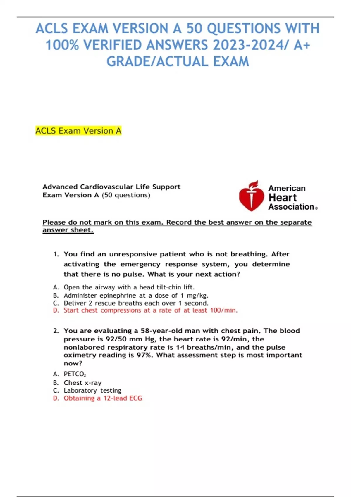 ACLS EXAM VERSION A 50 QUESTIONS WITH 100% VERIFIED ANSWERS / A+ GRADE ...