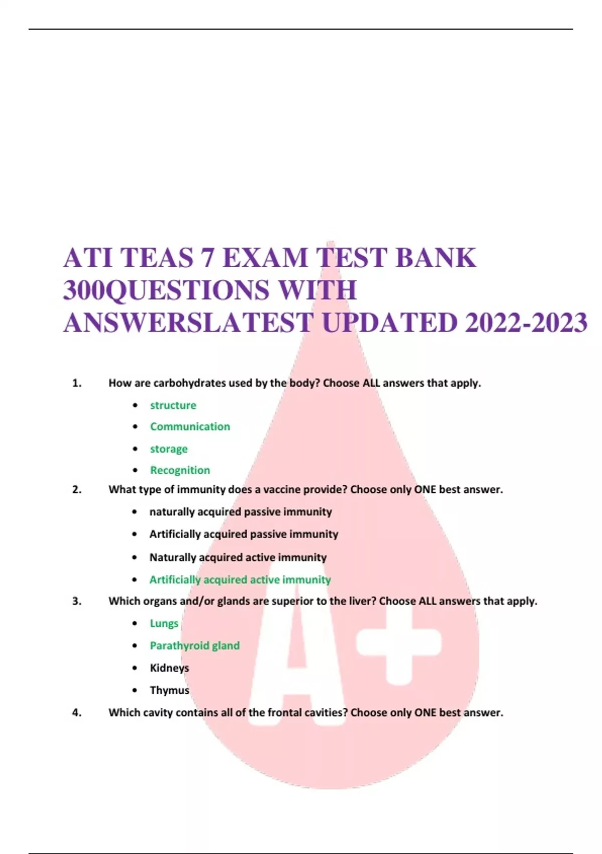 ATI TEAS 7 EXAM TEST BANK 300QUESTIONS WITH ANSWERSLATEST UPDATED RATED ...