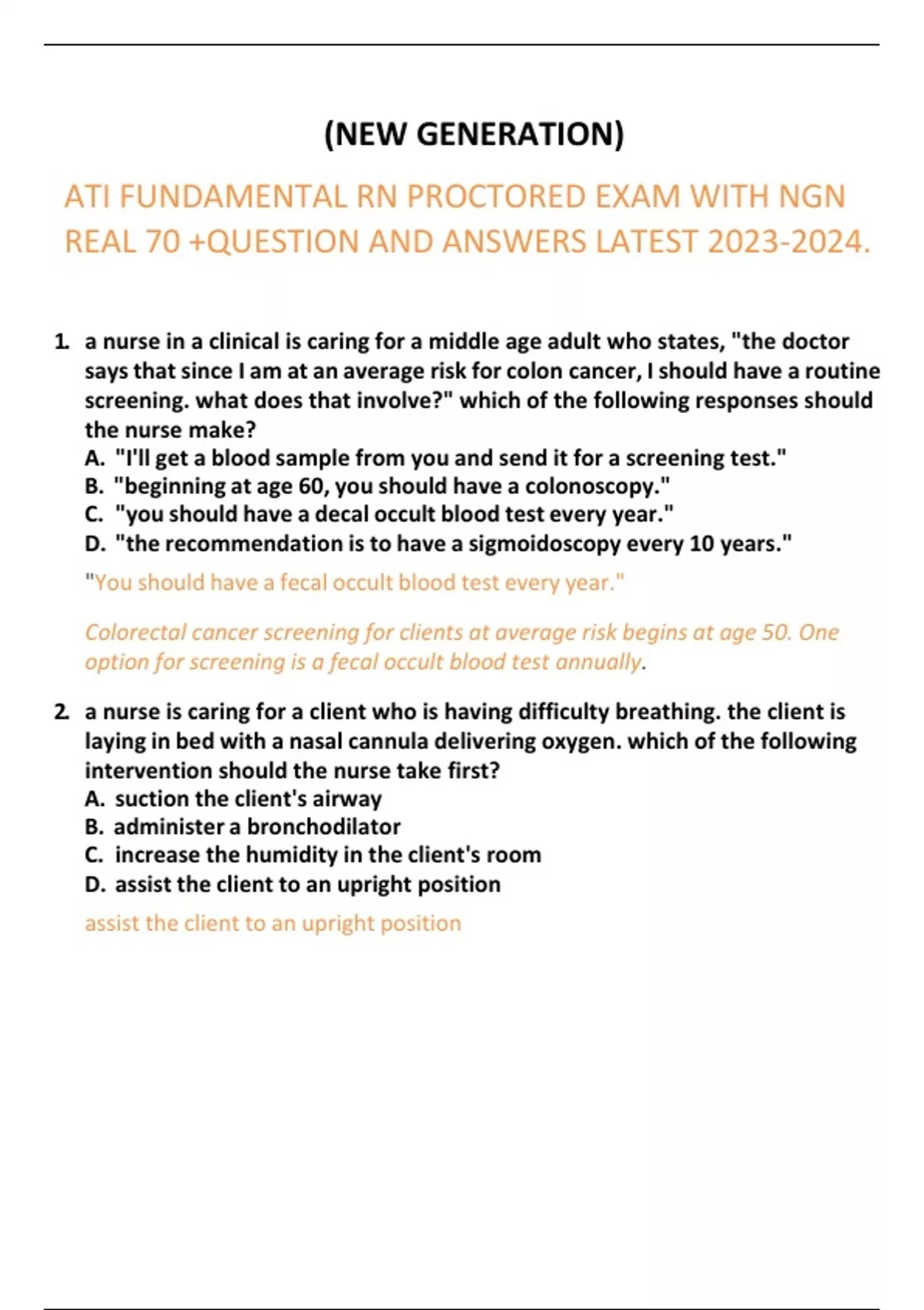 (NEW GENERATION) ATI FUNDAMENTAL RN PROCTORED EXAM WITH NGN REAL 70 ...