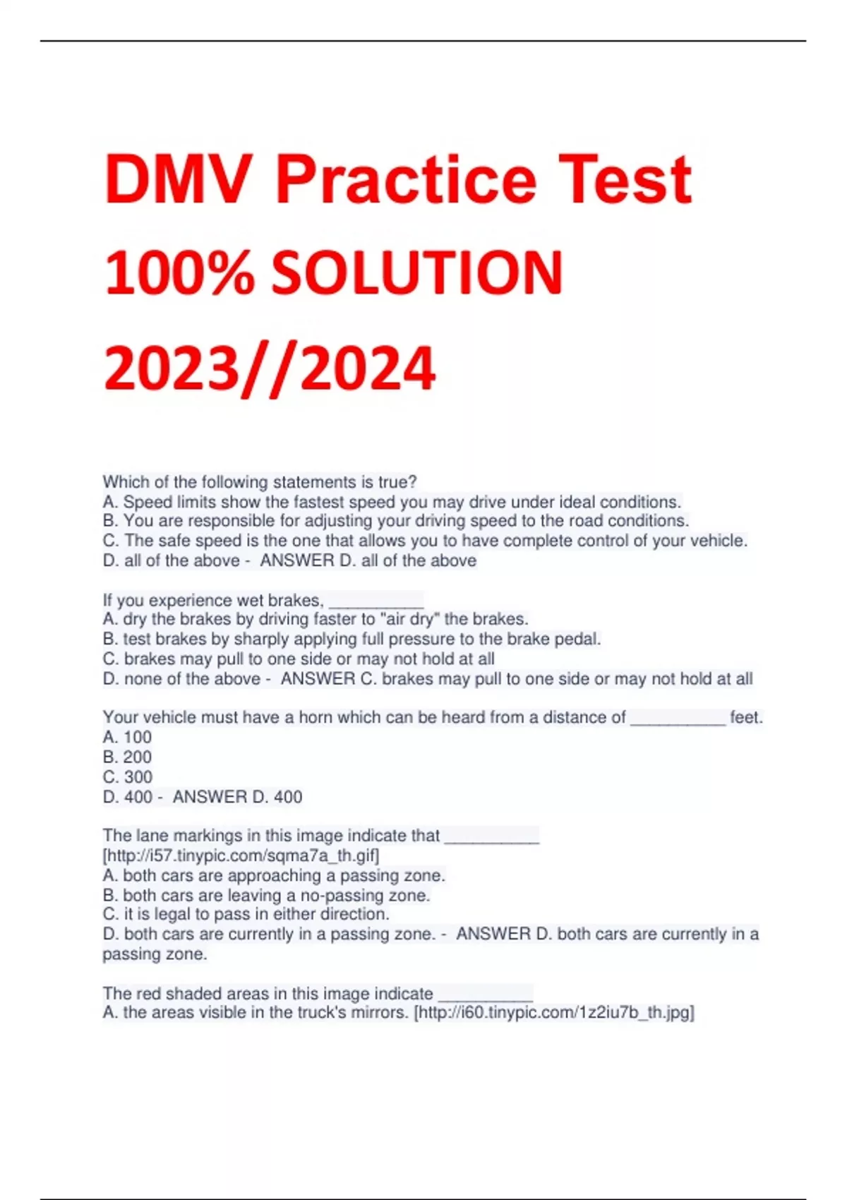DMV Practice Test 100% SOLUTION 2023//2024 - DMV Practice 2023//2024 ...