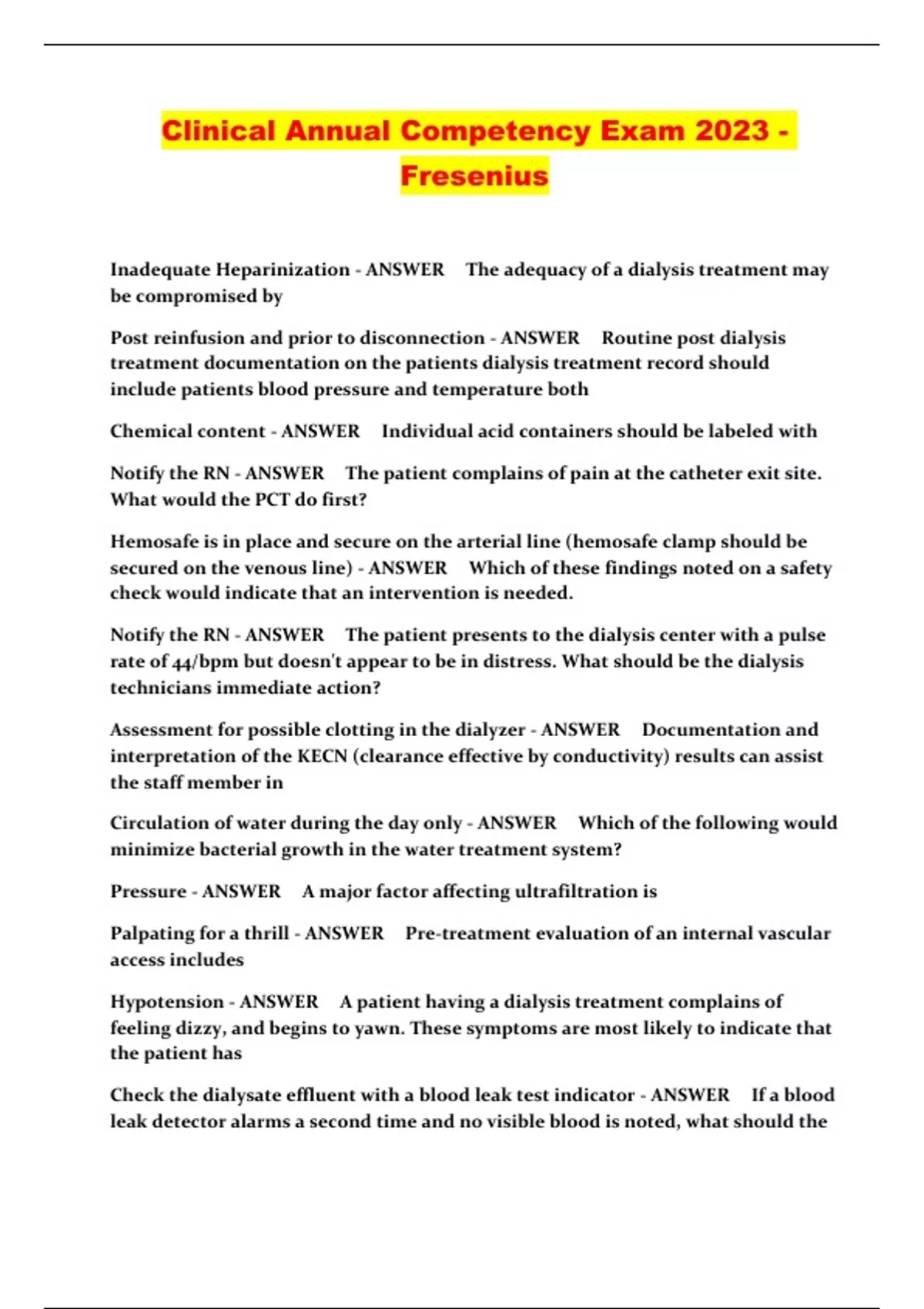 Clinical Annual Competency Exam Fresenius WITH COMPLETE SOLUTIONS ...
