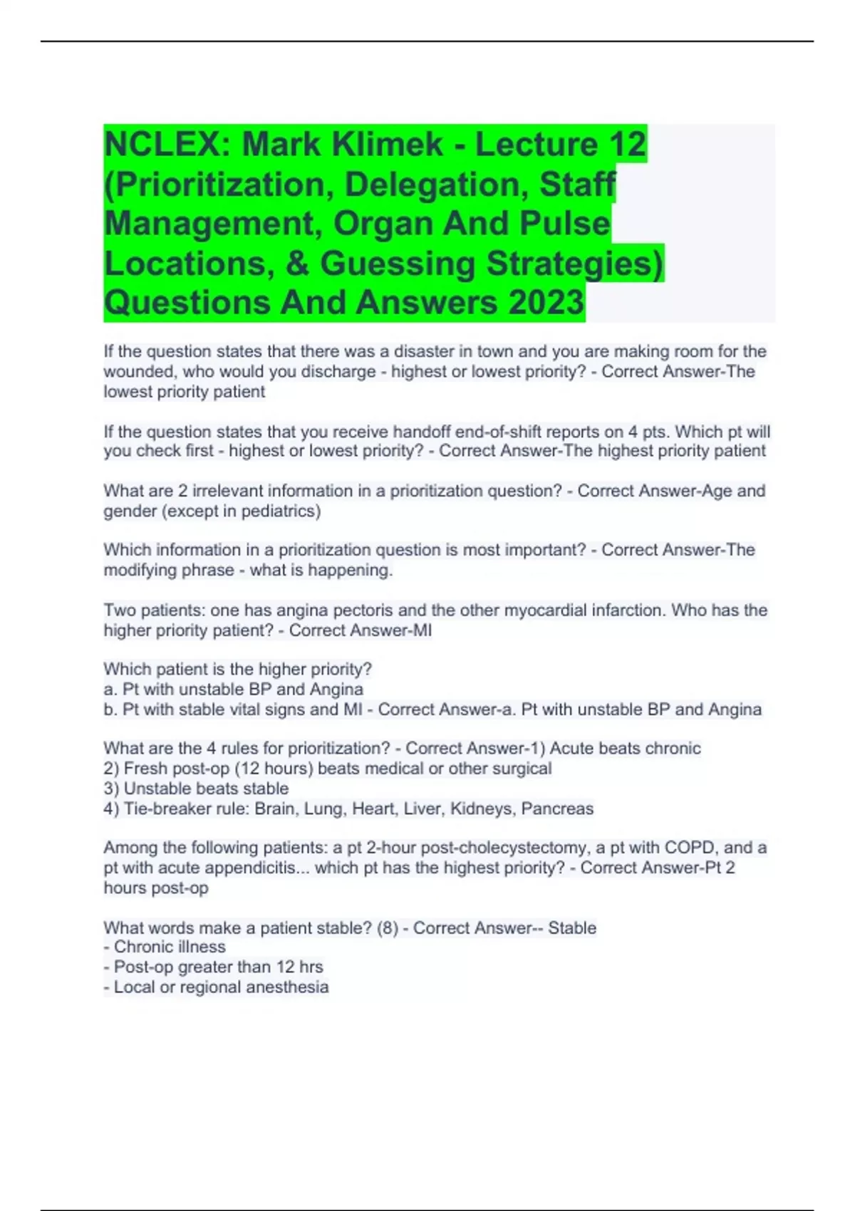 NCLEX: Mark Klimek - Lecture 12 (Prioritization, Delegation, Staff ...