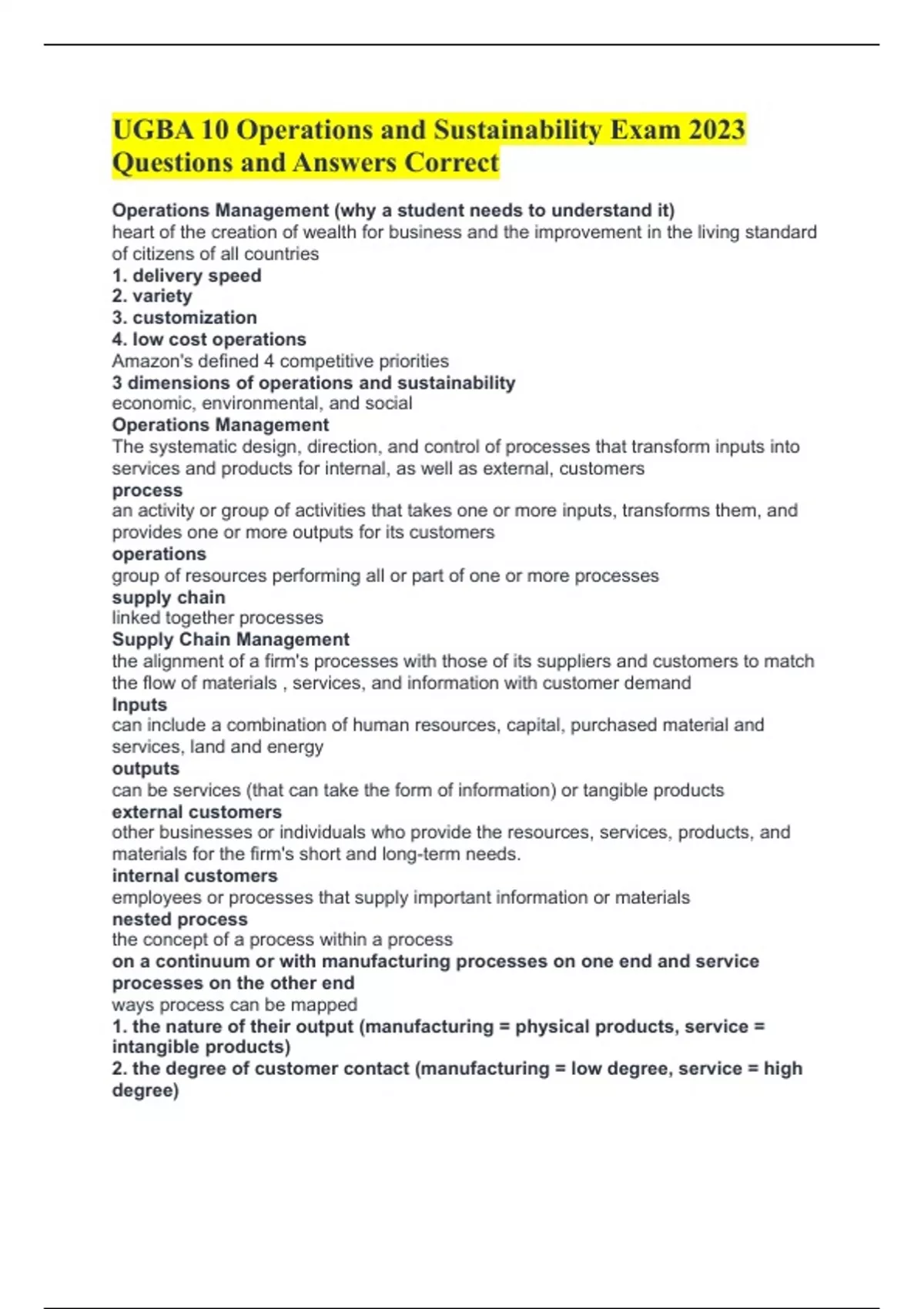 UGBA 10 Operations and Sustainability Exam 2023 Questions and Answers ...