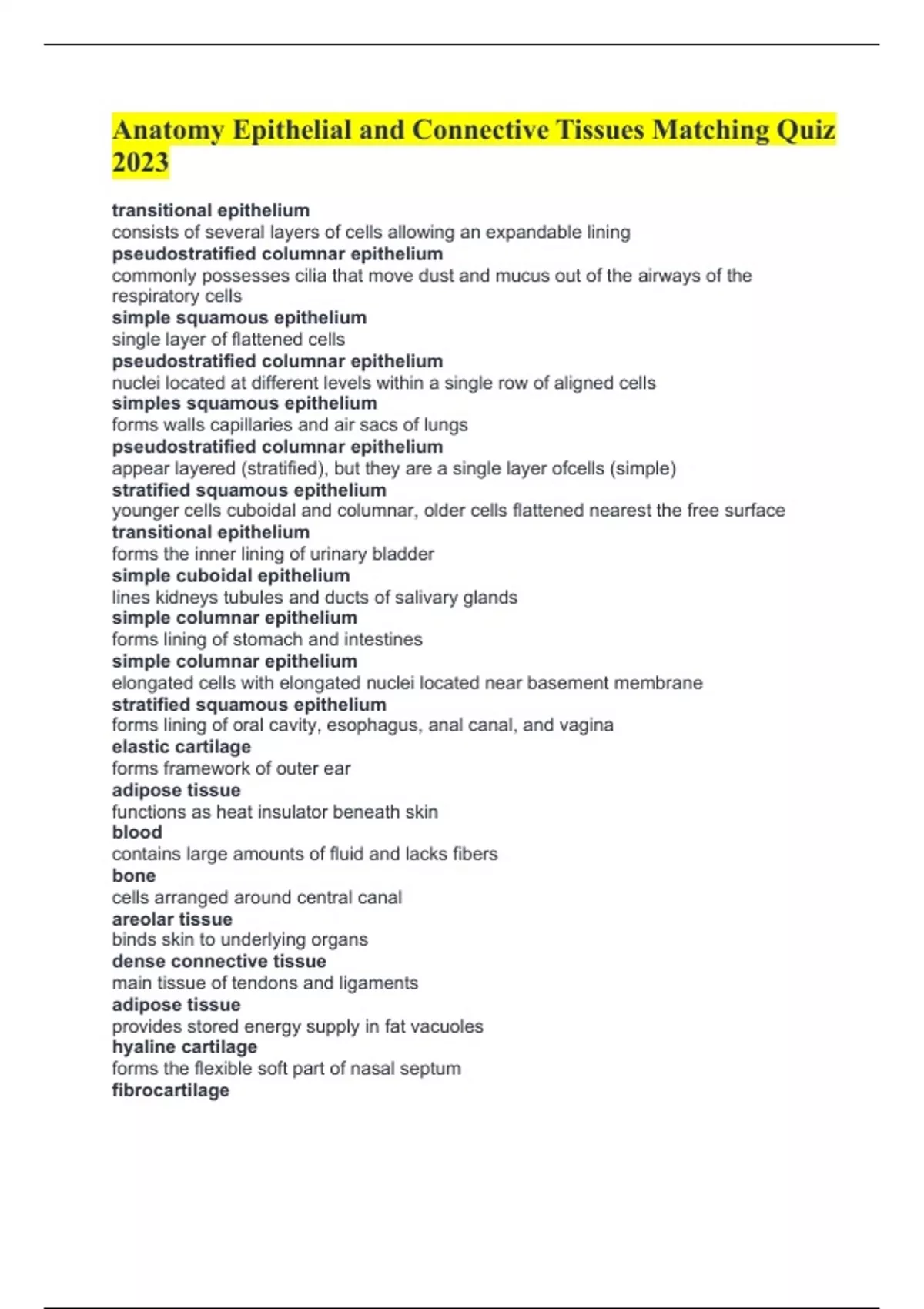 Anatomy Epithelial and Connective Tissues Matching Quiz 2023 - Anatomy ...