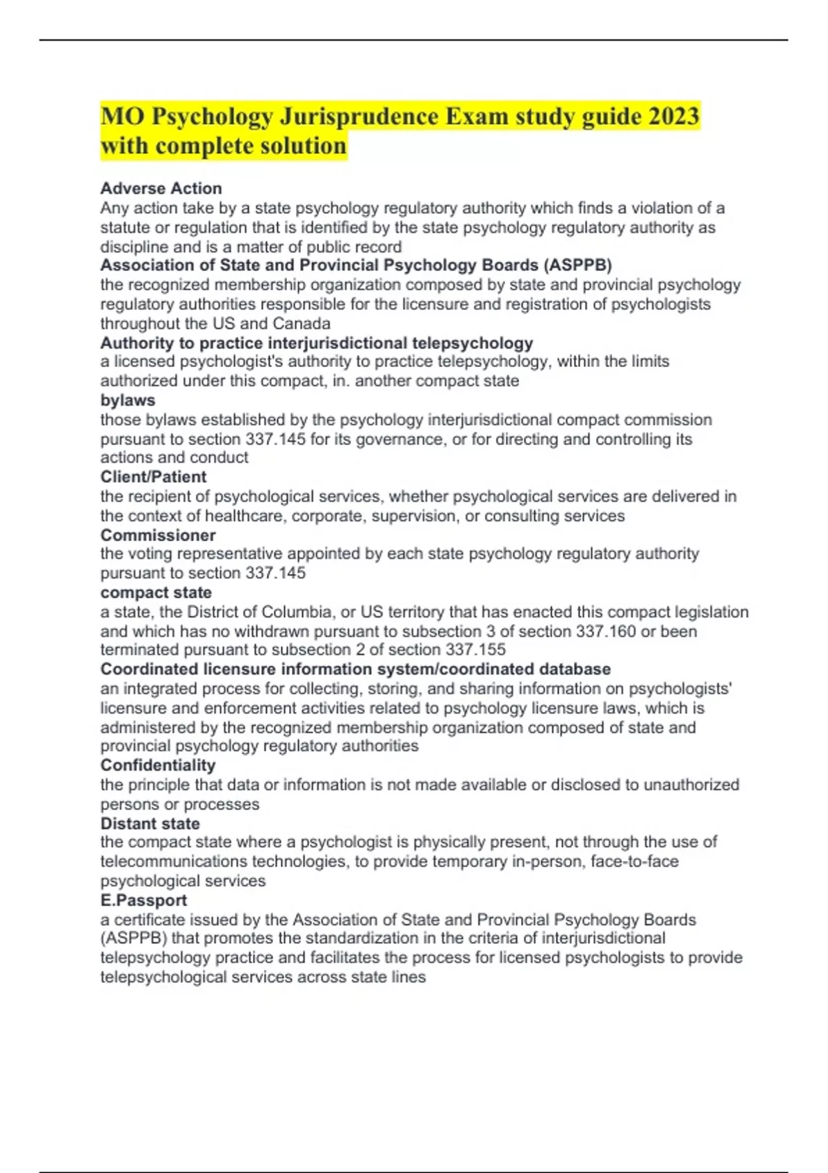 MO Psychology Jurisprudence Exam study guide 2023 with complete ...