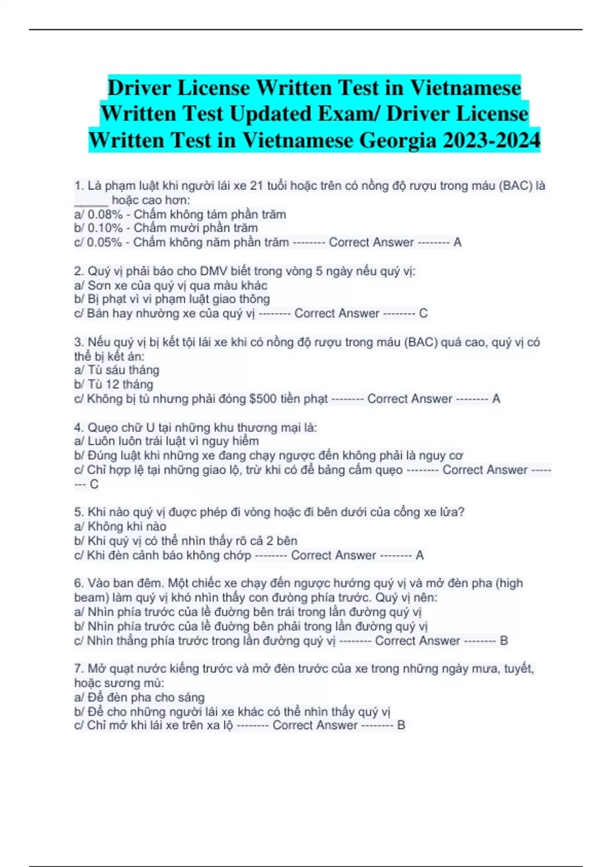 Driver License Written Test in Vietnamese Written Test Updated Exam ...