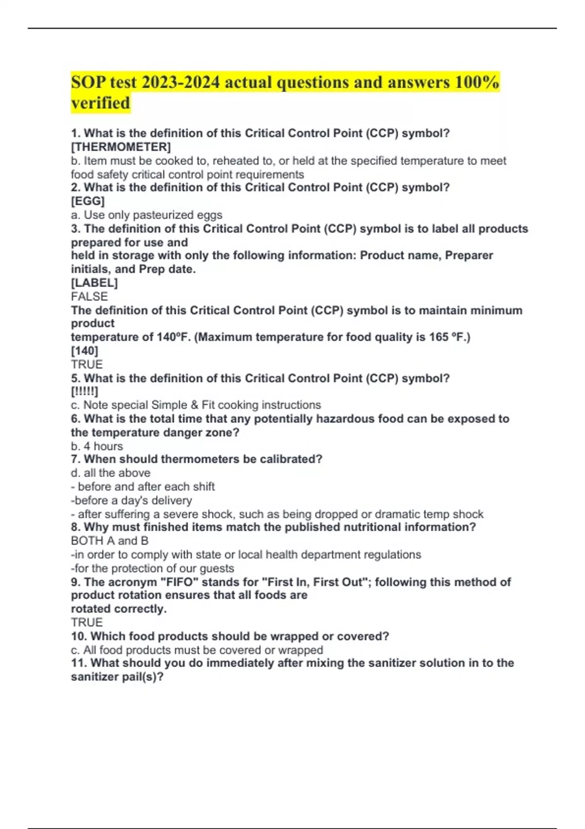 SOP test actual questions and answers 100% verified - BOH SOP - Stuvia US