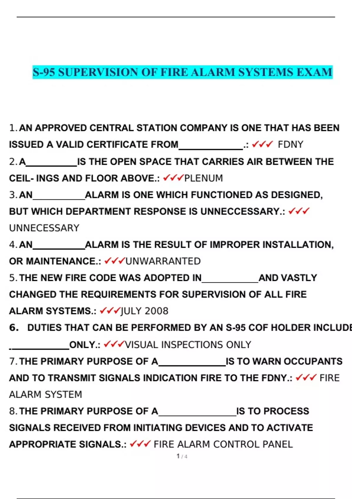 S-95 SUPERVISION OF FIRE ALARM SYSTEMS EXAM QUESTIONS AND ANSWERS 2022/ ...
