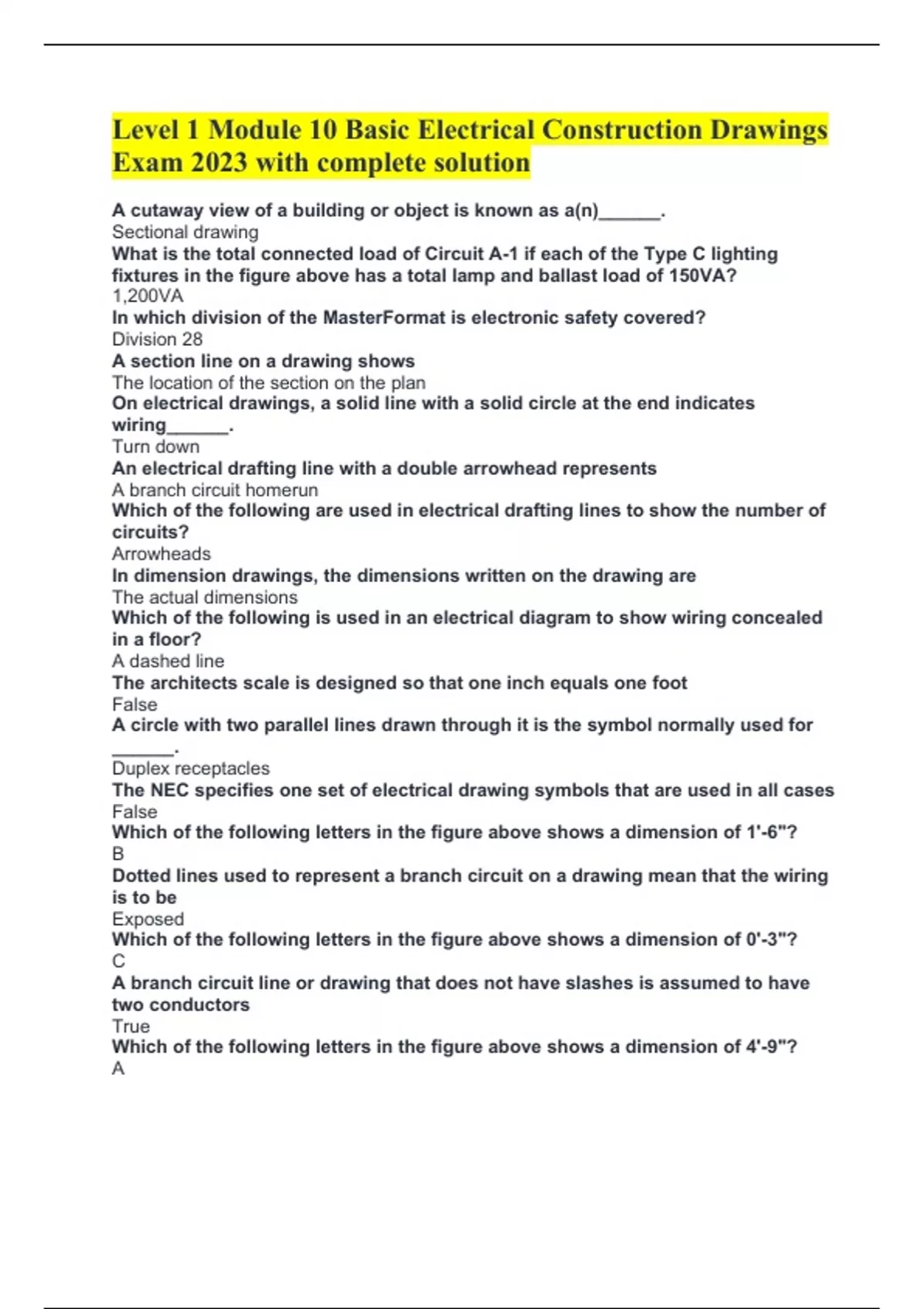 Level 1 Module 10 Basic Electrical Construction Drawings Exam 2023 with complete solution ...