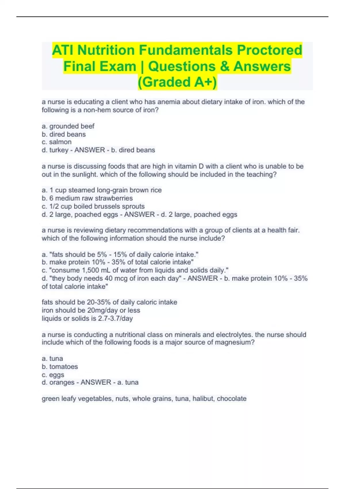 ATI Nutrition (Fundamentals) Proficiency Proctored Exam Bundle ...