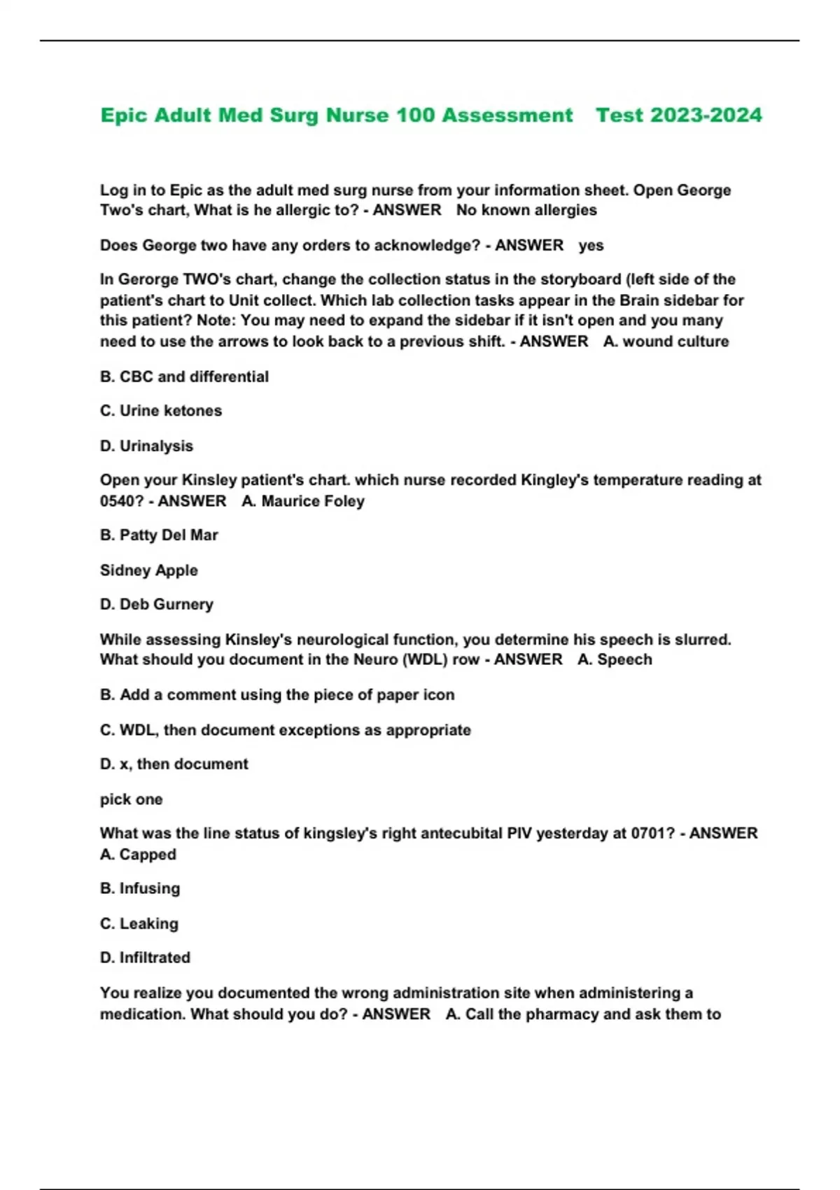Epic Adult Med Surg Nurse 100 Assessment Test - Epic Adult Med Surg ...