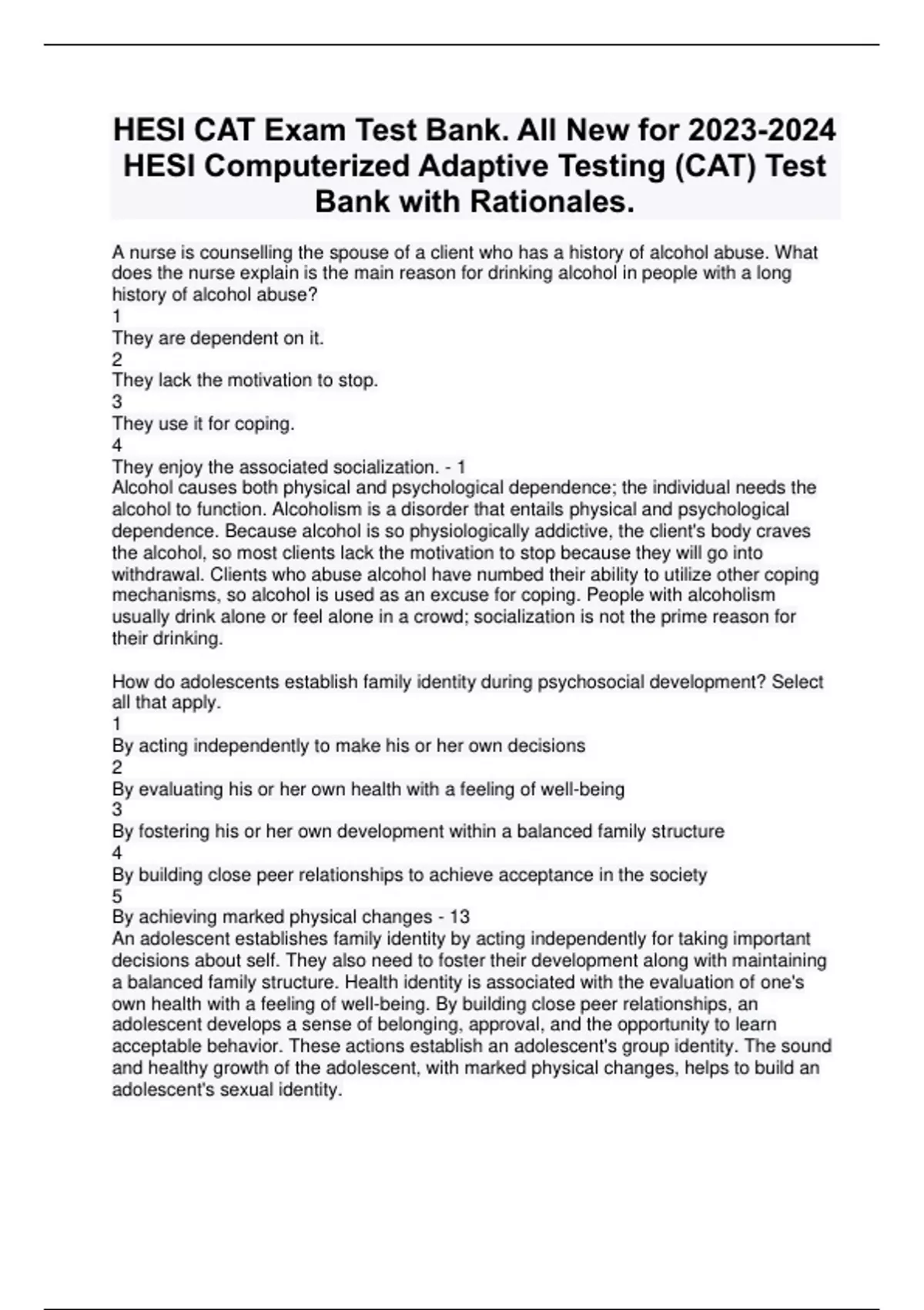 HESI CAT Exam Test Bank. All New for HESI Computerized Adaptive Testing ...