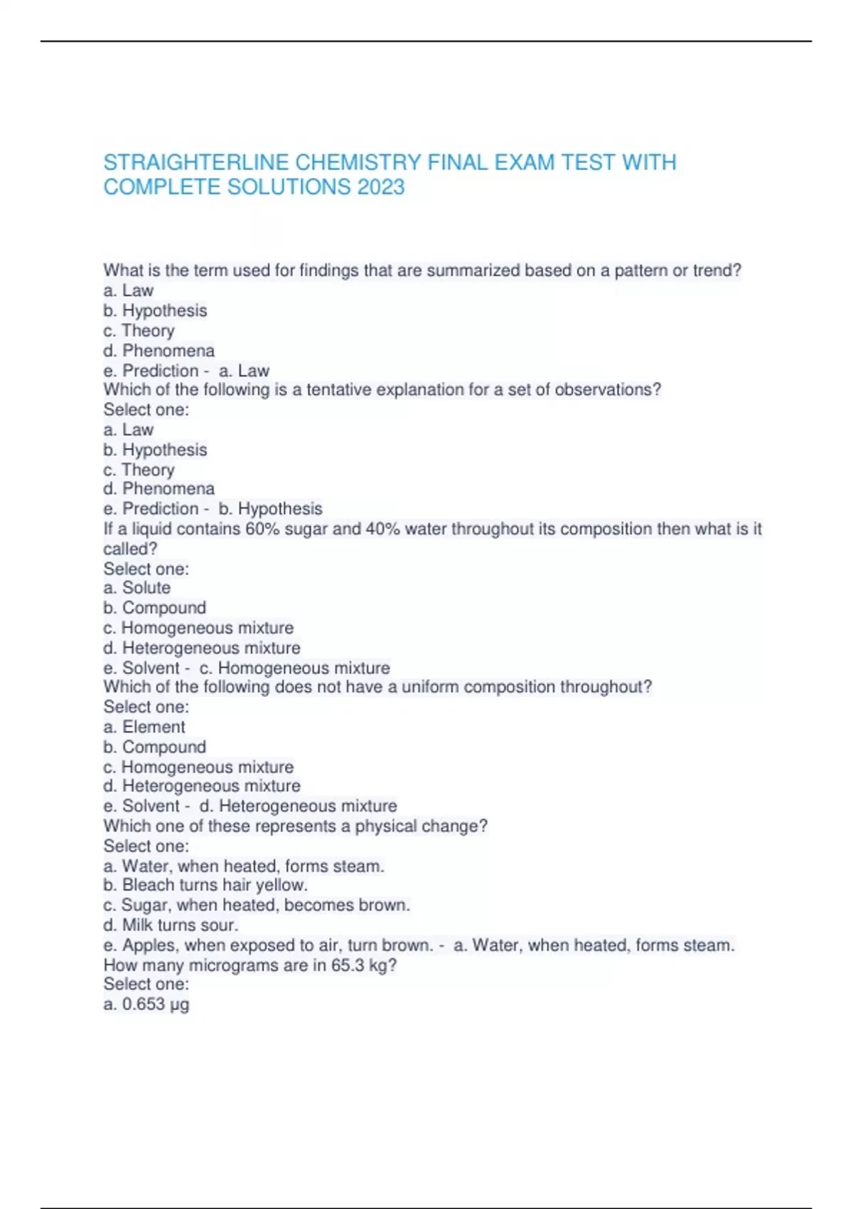 STRAIGHTERLINE CHEMISTRY FINAL EXAM TEST WITH COMPLETE SOLUTIONS ...