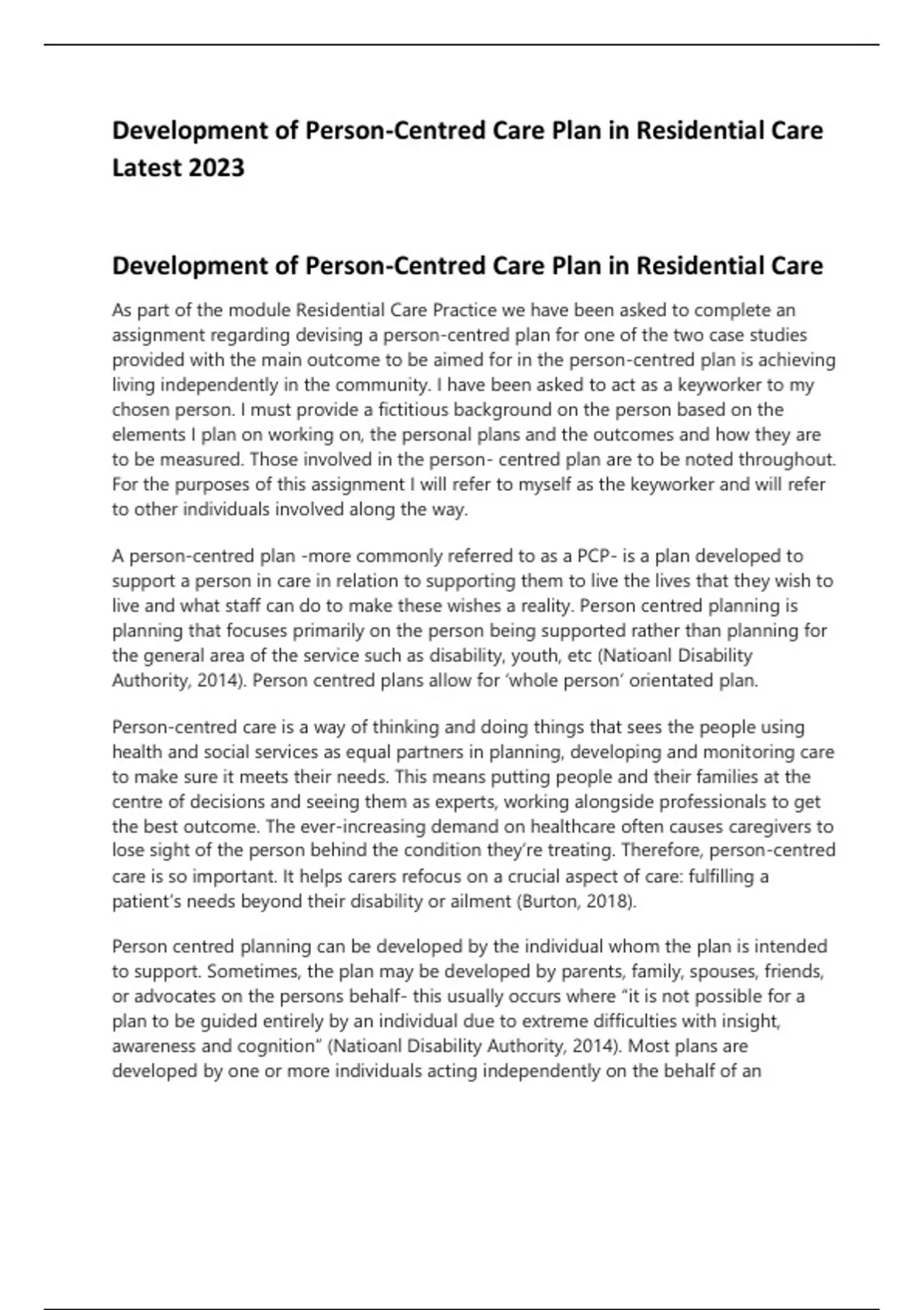 Summary Development of Person-Centred Care Plan in Residential Care ...
