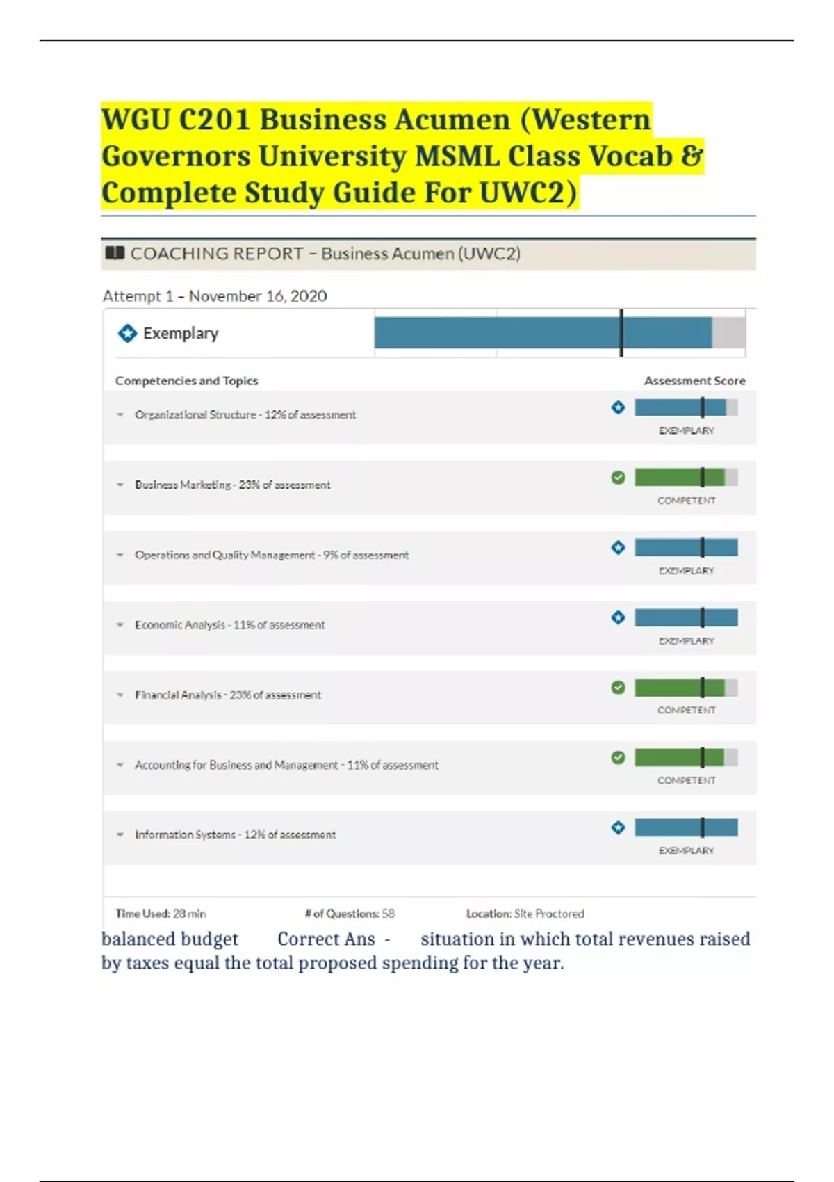 WGU C201 Business Acumen (Western Governors University MSML Class Vocab & Complete Study Guide ...
