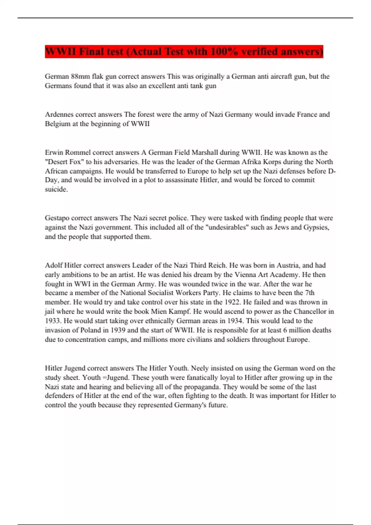 WWII Final test (Actual Test with 100% verified answers) - WWII - Stuvia US