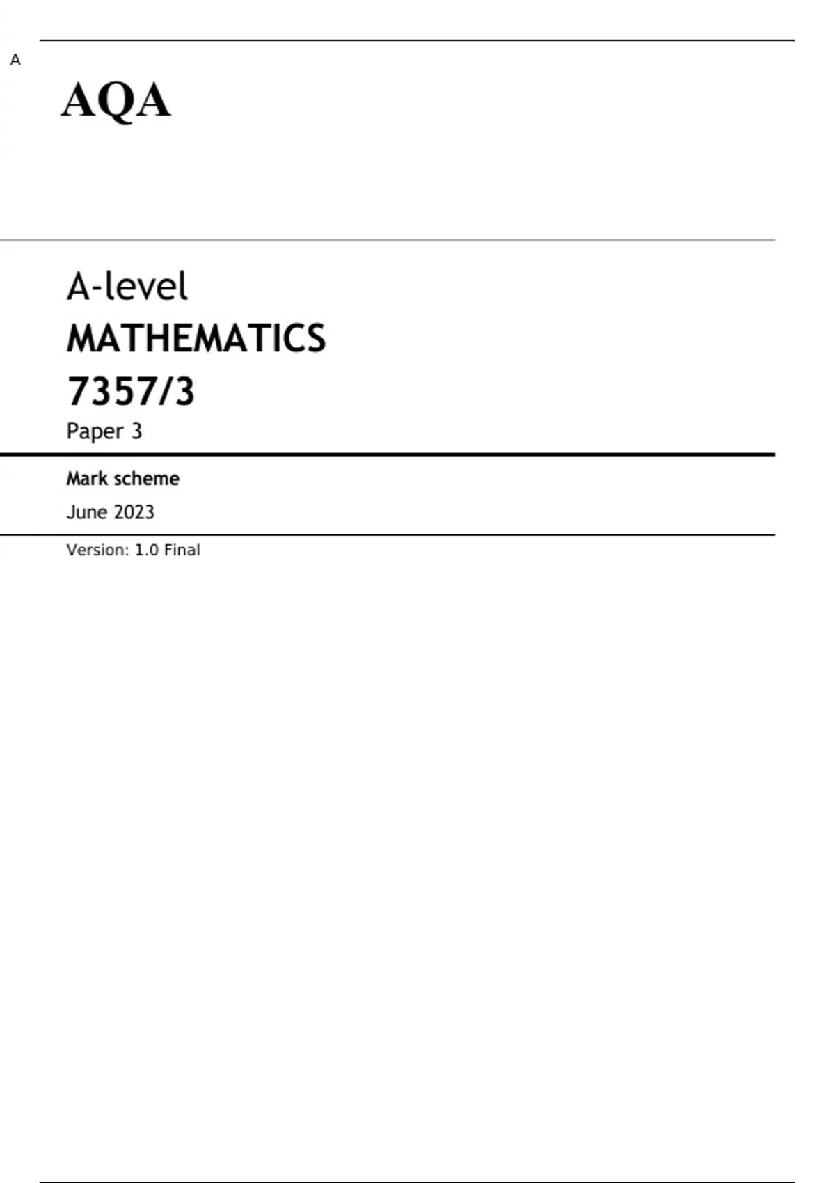 AQA A-level MATHEMATICS Paper 3 JUNE 2023 QUESTION PAPER AND MARK ...