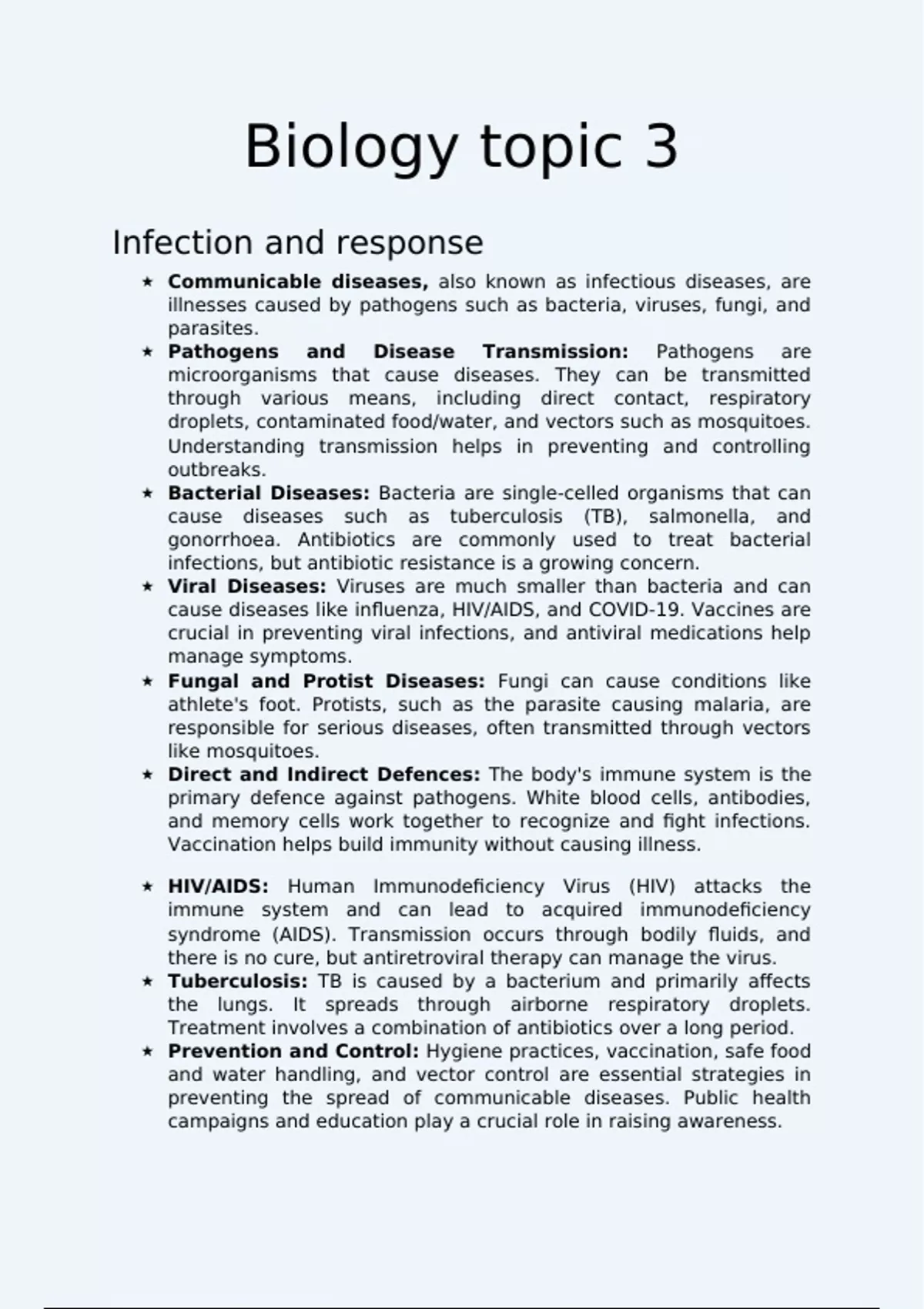 GCSE Biology infection and response summary ( AQA) - Biology - Stuvia UK