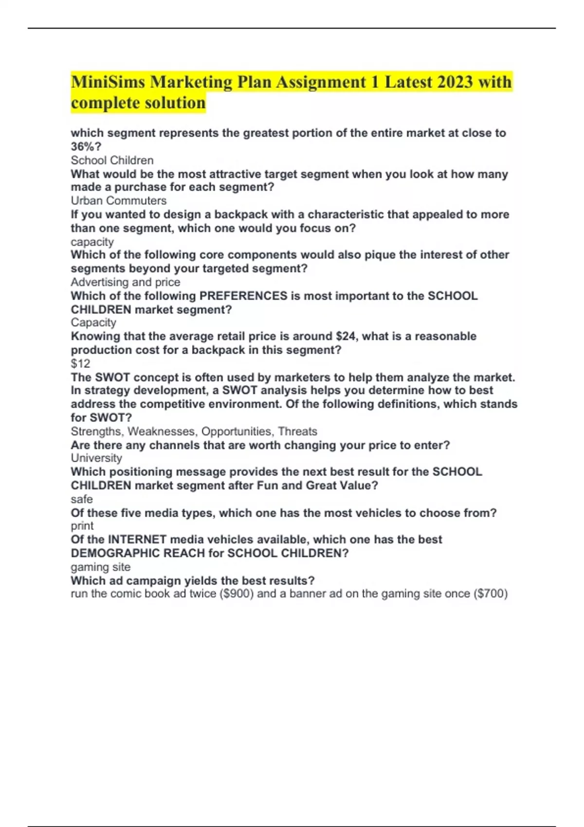 MiniSims Marketing Plan Assignment 1 Latest 2023 with complete solution ...