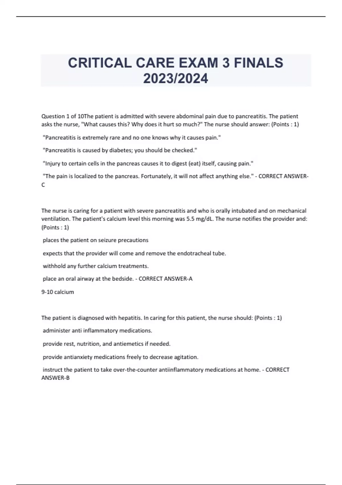 CRITICAL CARE EXAM 3 FINALS 2023/2024 - Critical Care - Stuvia US