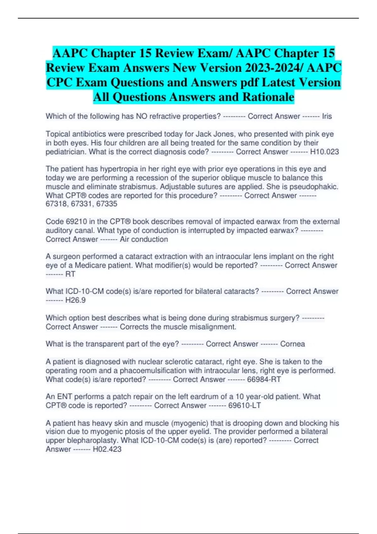 AAPC Chapter 15 Review Exam/ AAPC Chapter 15 Review Exam Answers New Version / AAPC CPC Exam ...