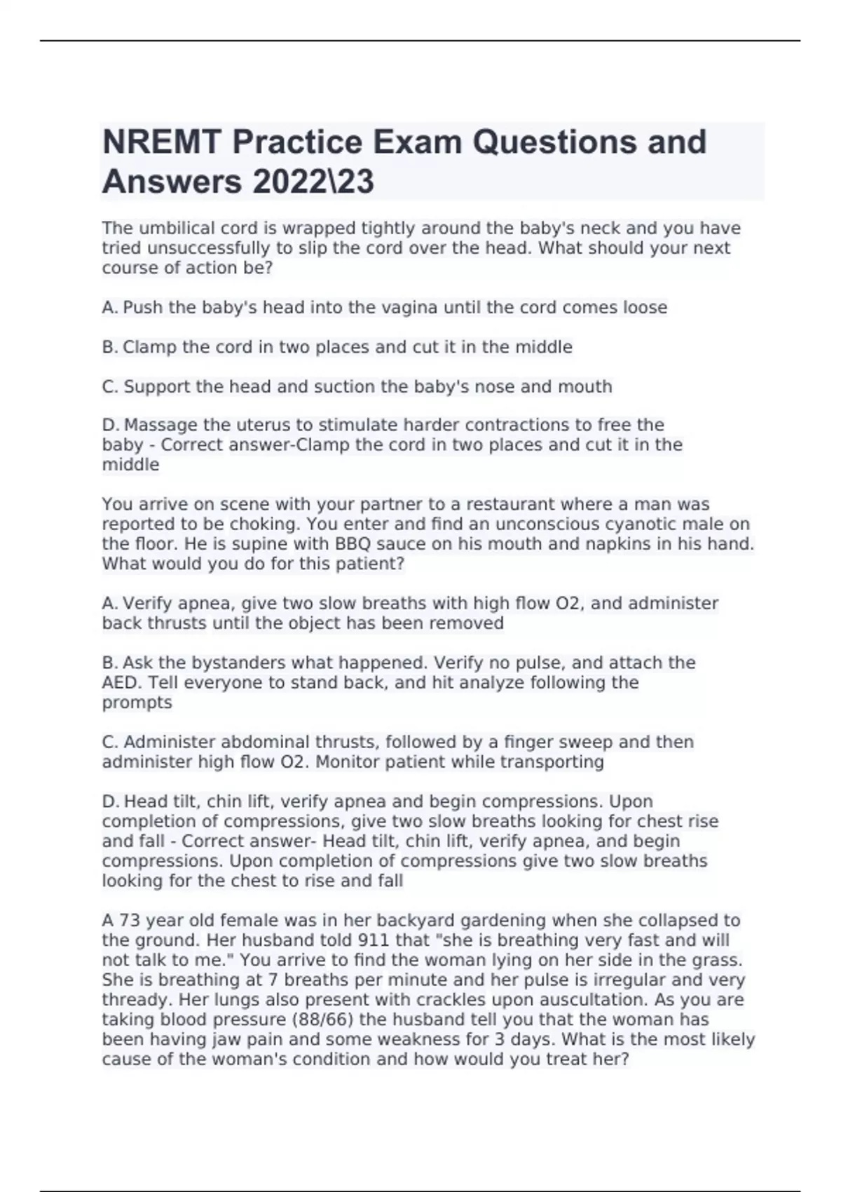 NREMT Practice Exam Questions and Answers 202223 - NREMT - Stuvia US