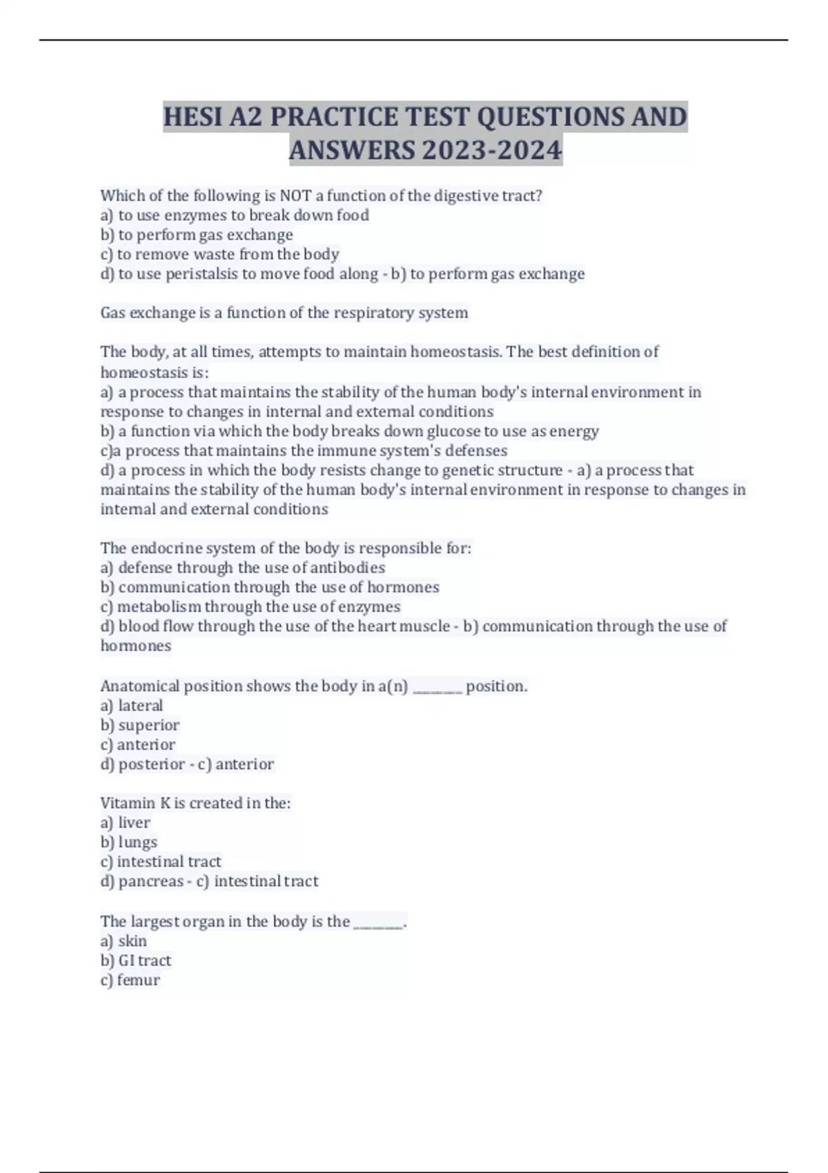 HESI A2 PRACTICE TEST QUESTIONS AND ANSWERS - Hesi - Stuvia US