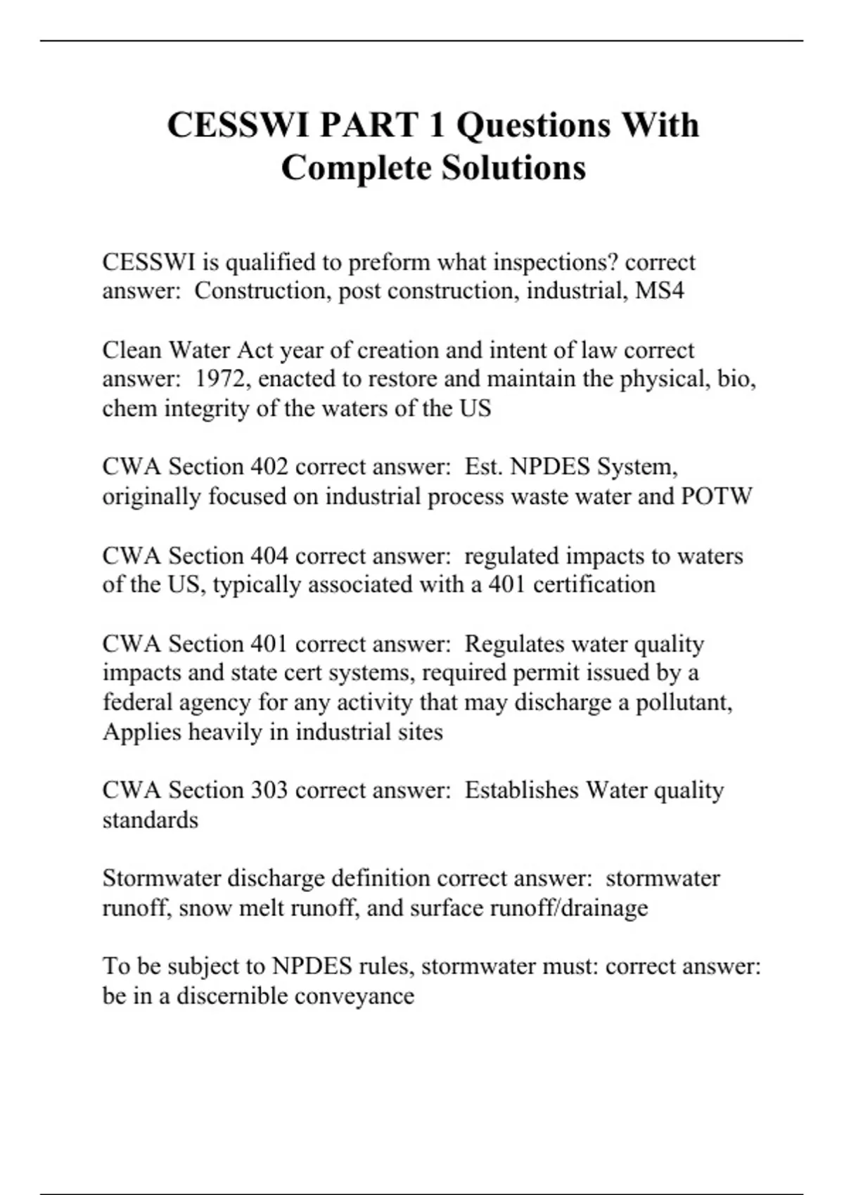 CESSWI PART 1 Questions With Complete Solutions - CESSWI - Stuvia US