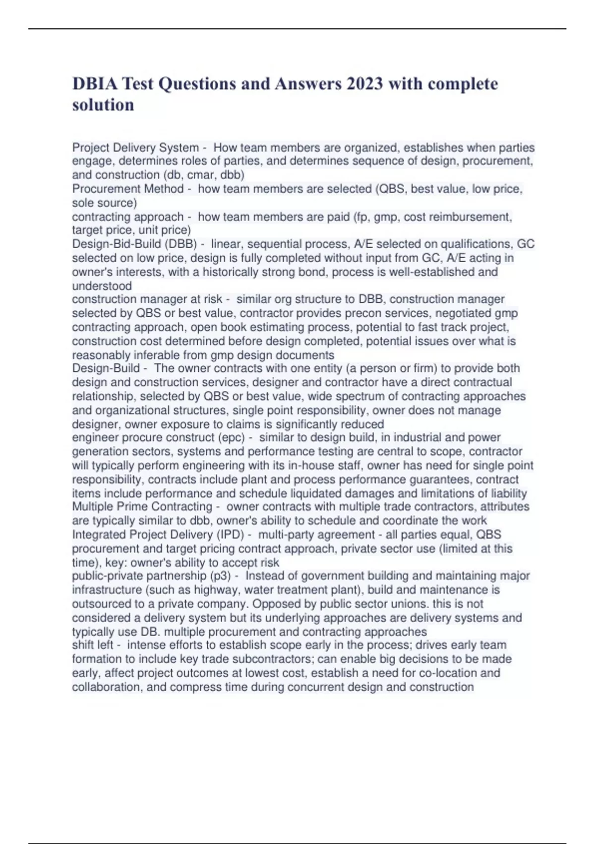 DBIA Test Questions and Answers 2023 with complete solution - DBIA ...