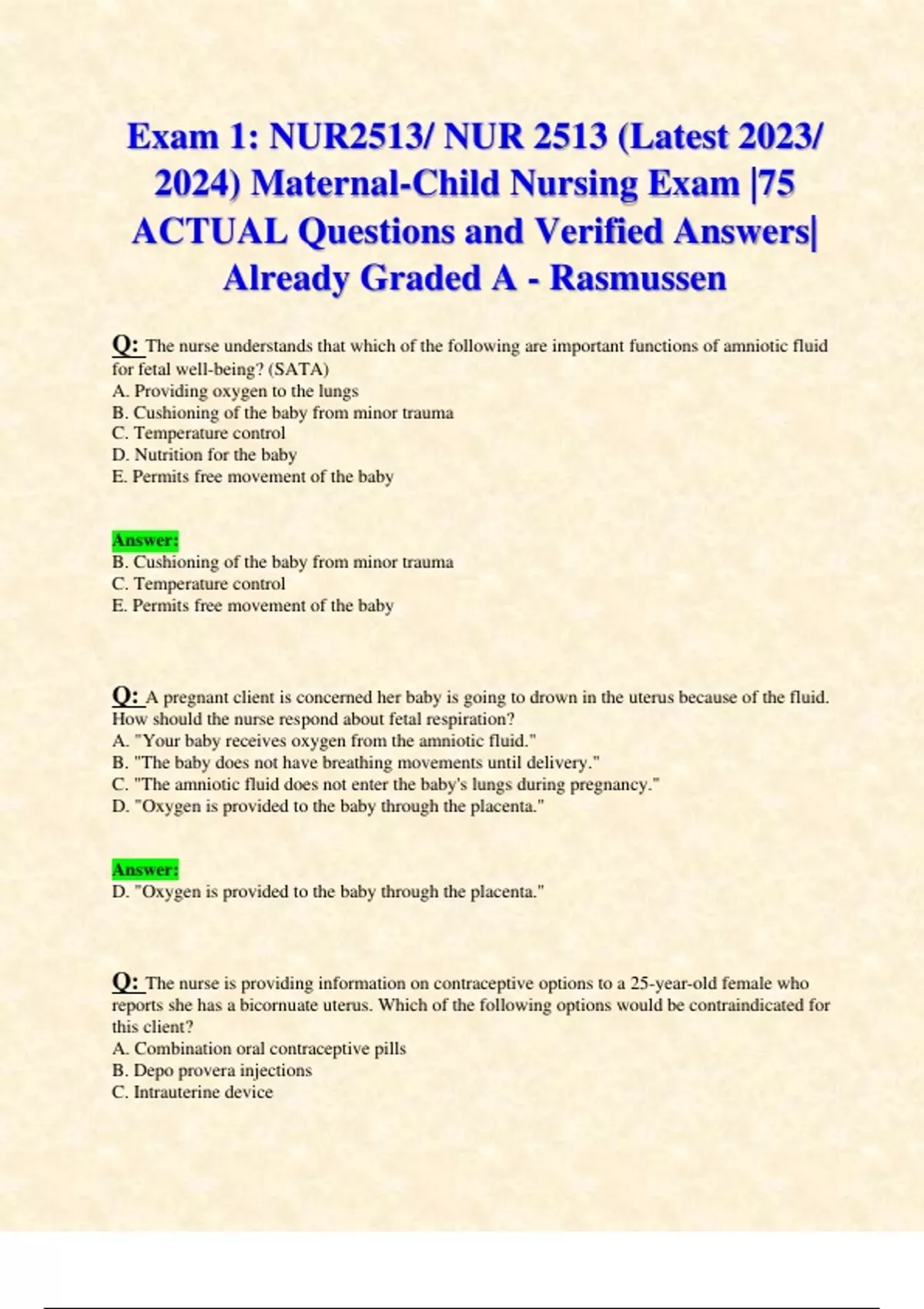 Exam 1: NUR2513/ NUR 2513 (Latest 2023/ 2024) Maternal-Child Nursing ...