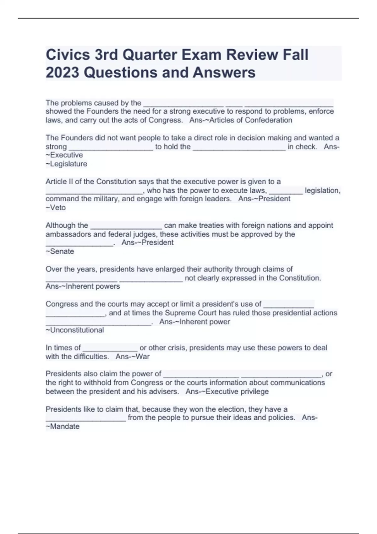 Civics 3rd Quarter Exam Review Fall 2023 Questions and Answers - Civics ...