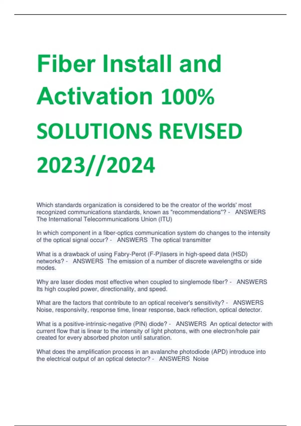 Fiber Install and Activation 100% SOLUTIONS REVISED 2023//2024 - Fiber Install and Activation ...
