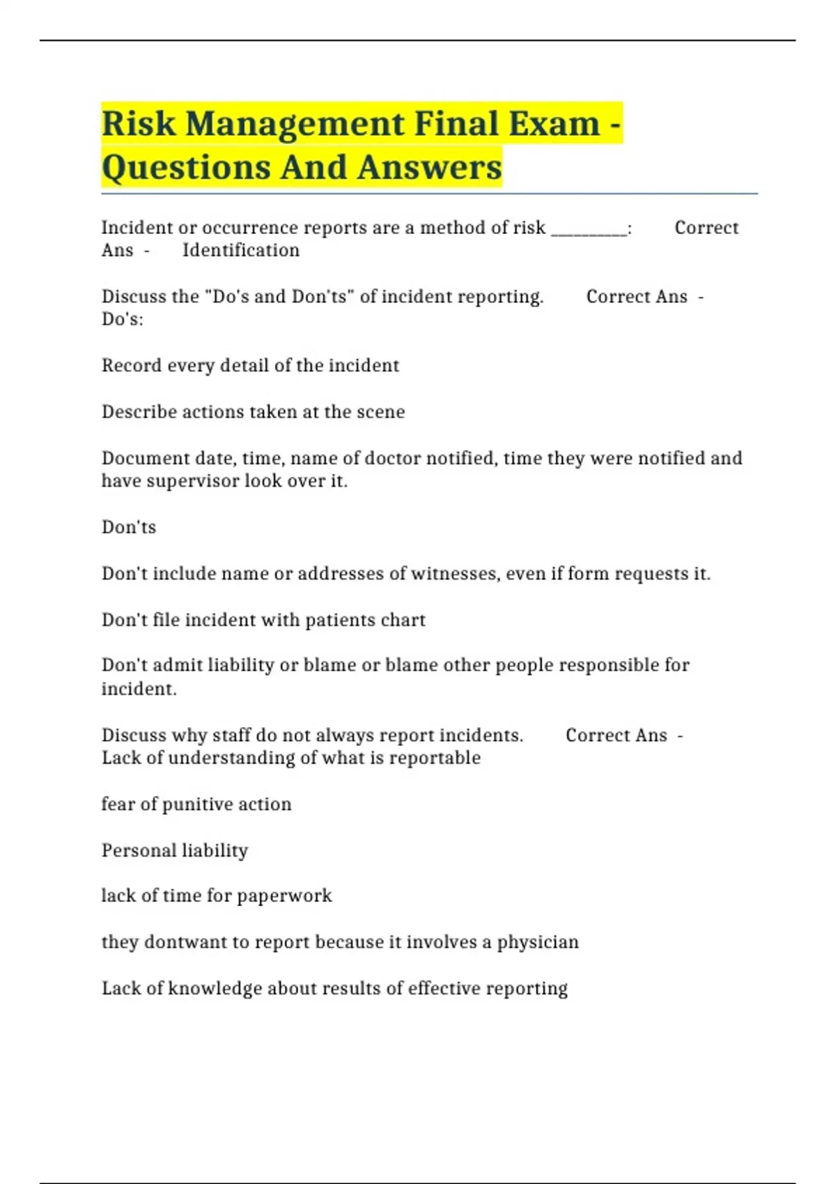 Risk Management Final Exam Questions And Answers Risk Management Stuvia Us