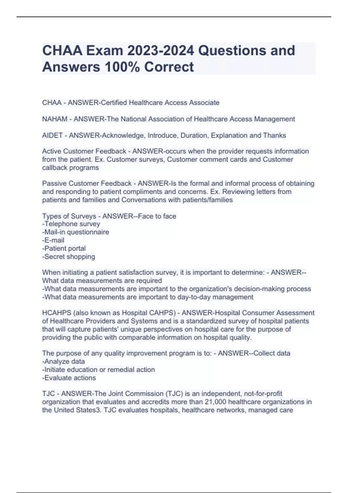 CHAA Exam Questions and Answers 100% Correct - CHAA - Stuvia NL