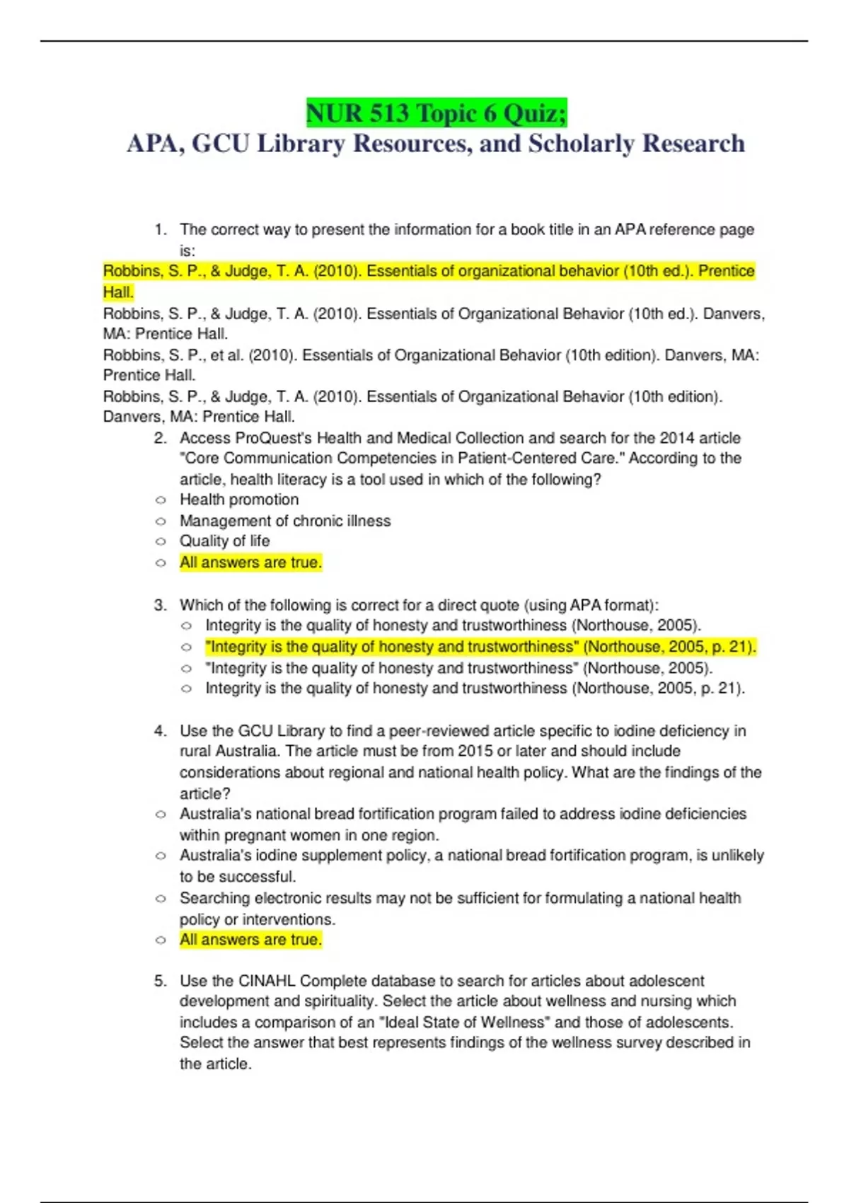 NUR 513 WEEK 6 QUIZ| QUESTIONS & ANSWERS (LATEST UPDATE 2023/2024) BEST ...